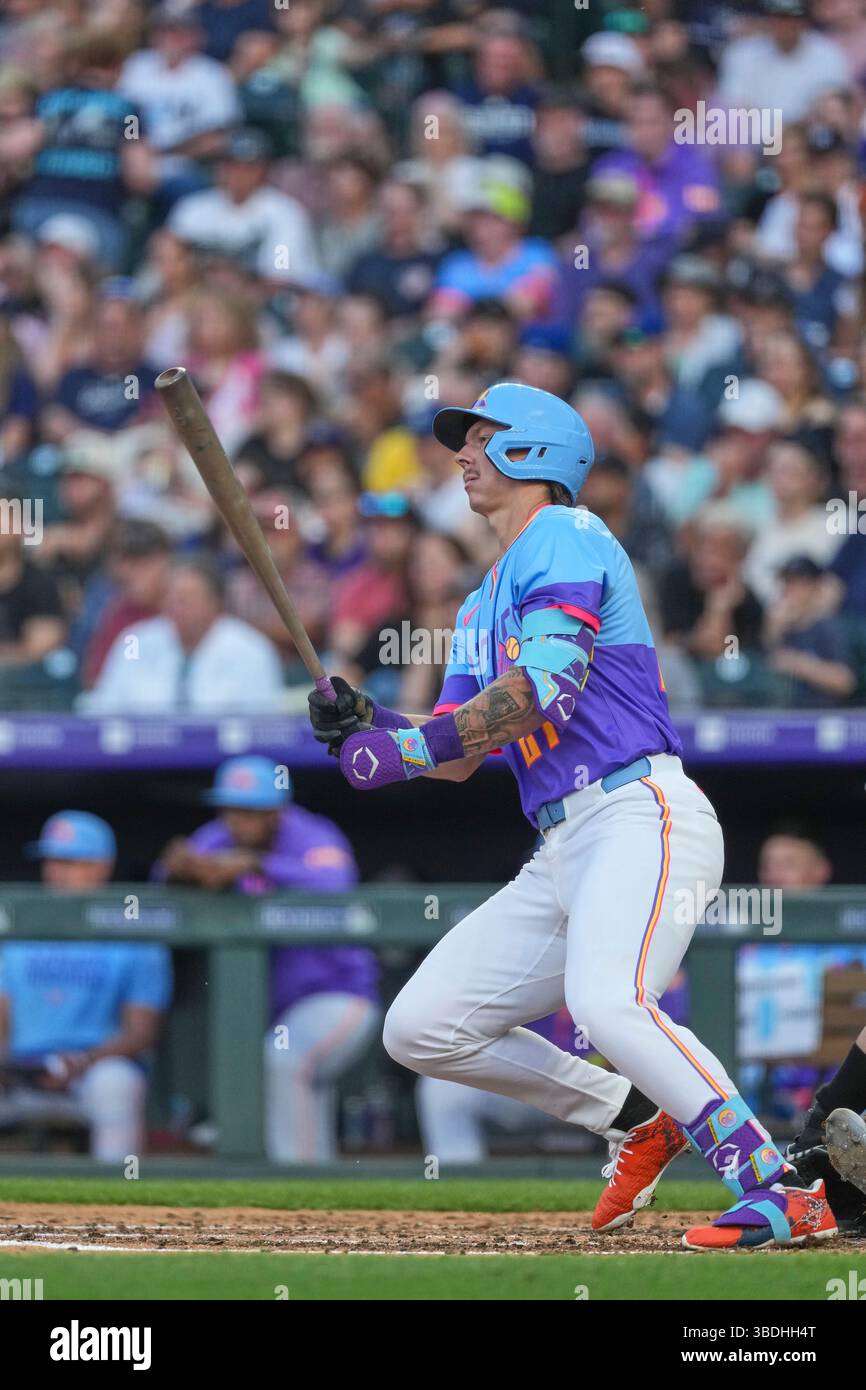 Denver CO, USA. 23rd May, 2025. Colorado left fielder Jordan Beck (27 ...