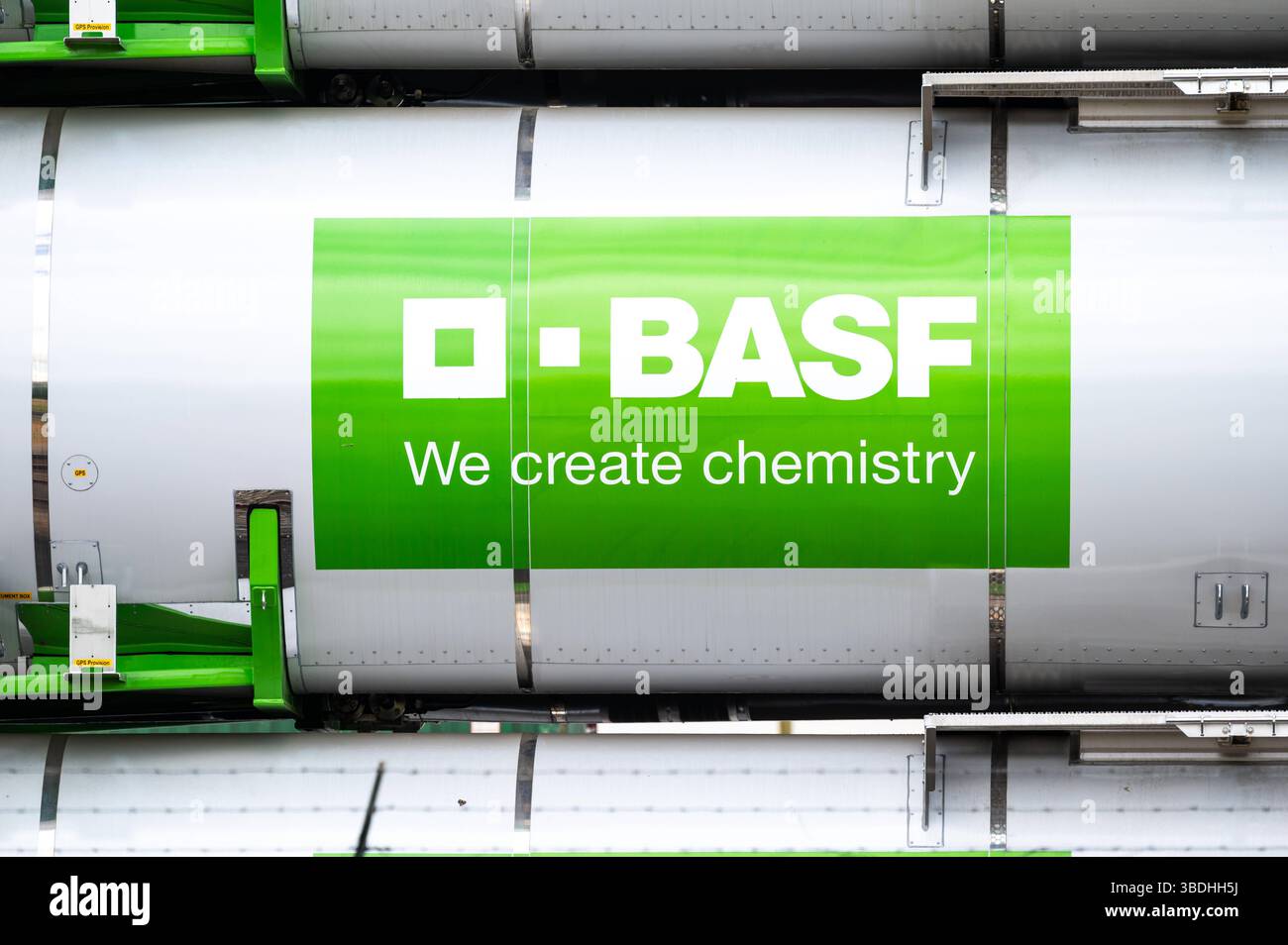 Gas loaded cargo containers at the BASF chemistry industry company site ...