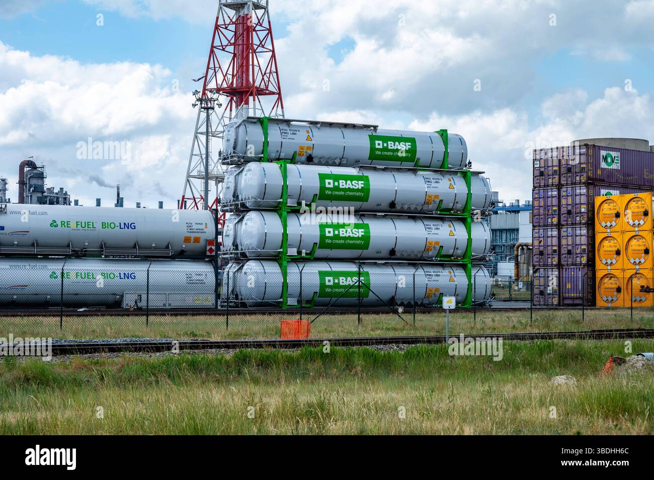 Gas loaded cargo containers at the BASF chemistry industry company site ...