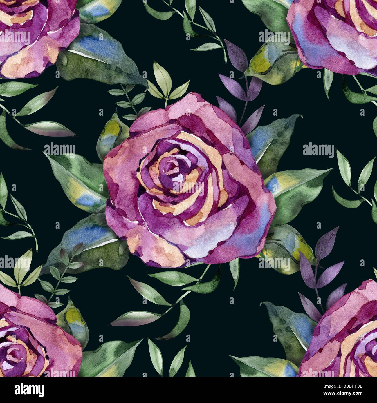 Watercolor purple rose flowers. Seamless pattern design. Modern ...