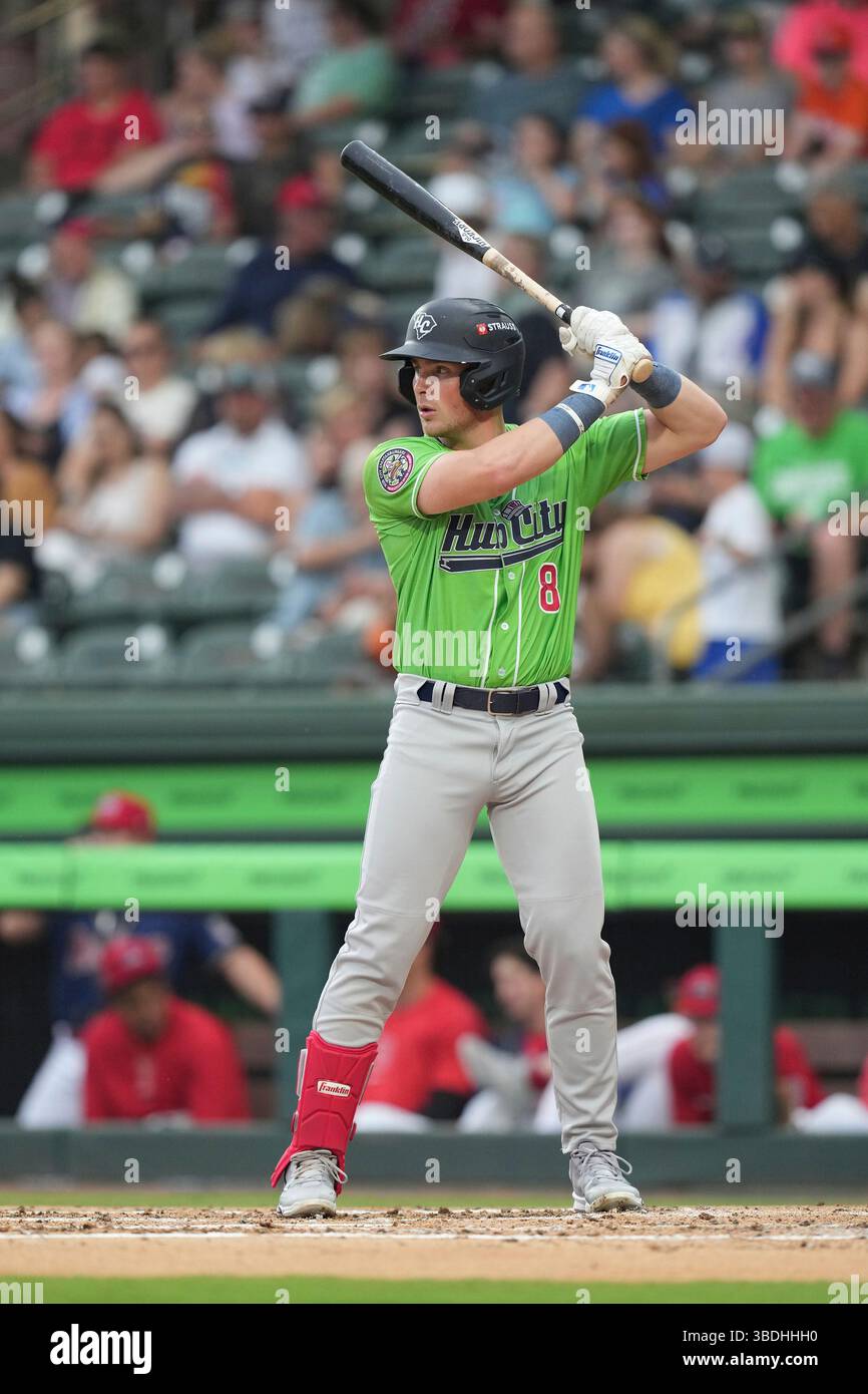 Dylan Dreiling (8) of the Hub City Spartanburgers at bat in a South ...