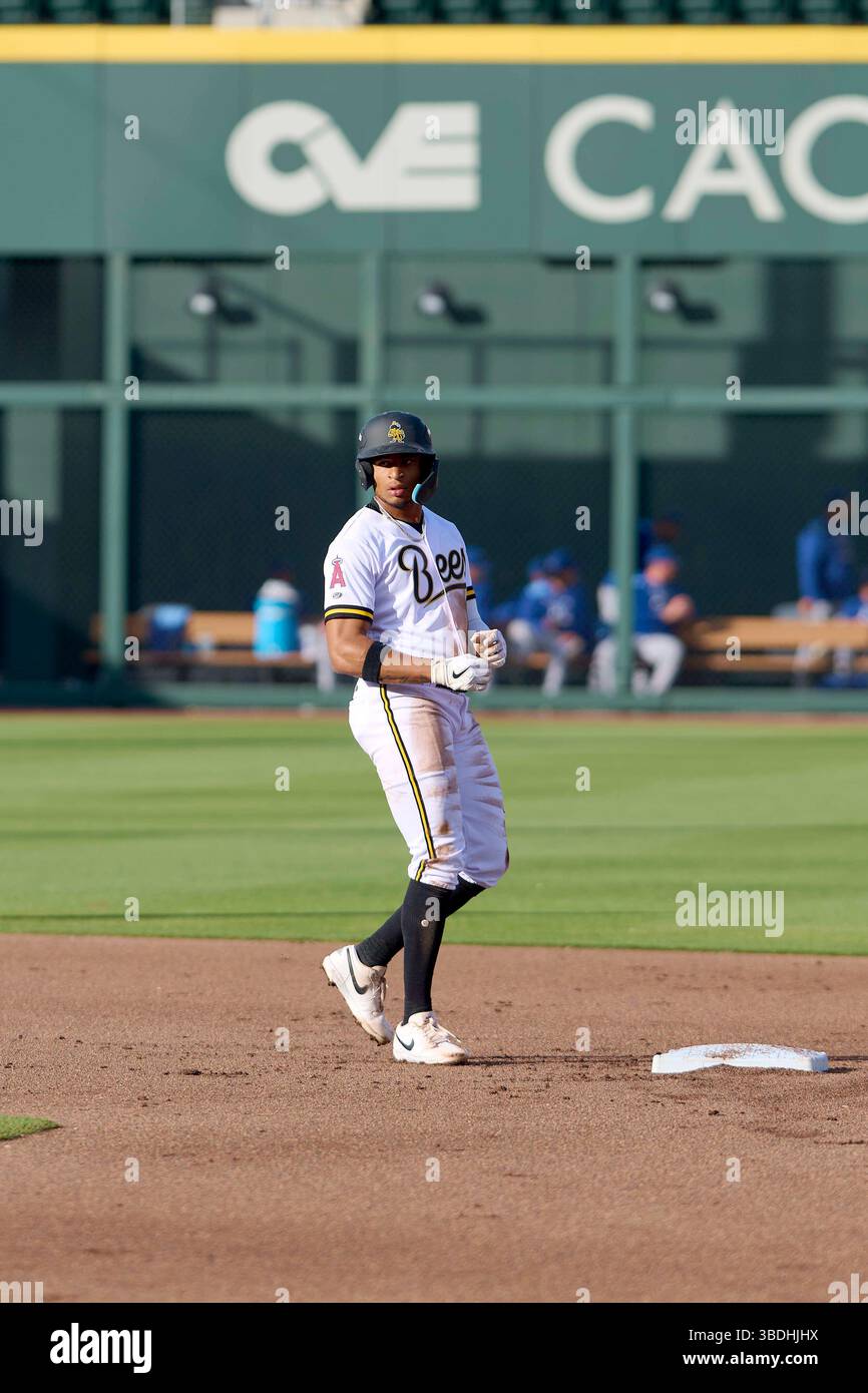 Christian Moore (1) of the Salt Lake Bees returns to second base during ...
