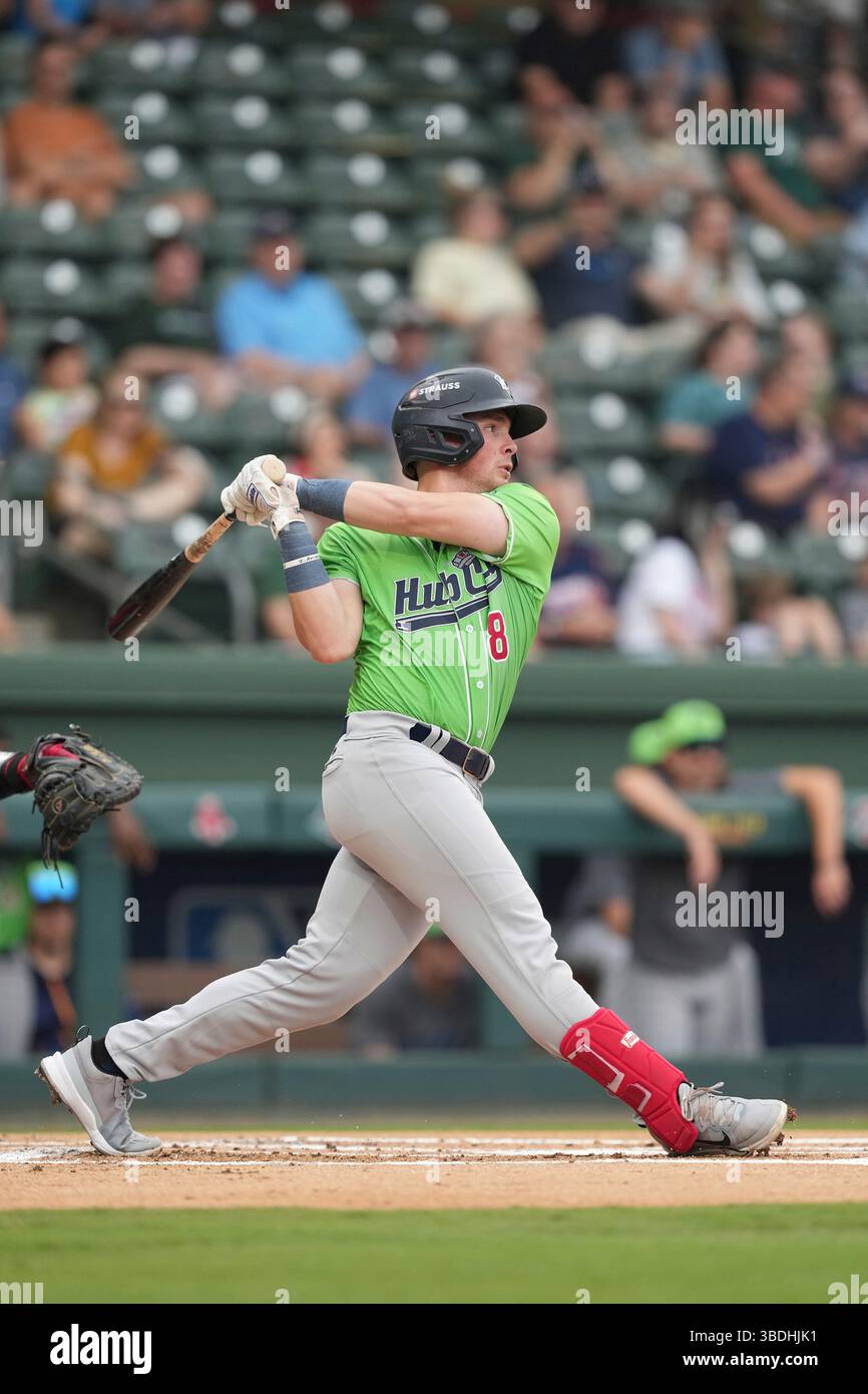 Dylan Dreiling (8) of the Hub City Spartanburgers at bat in a South ...
