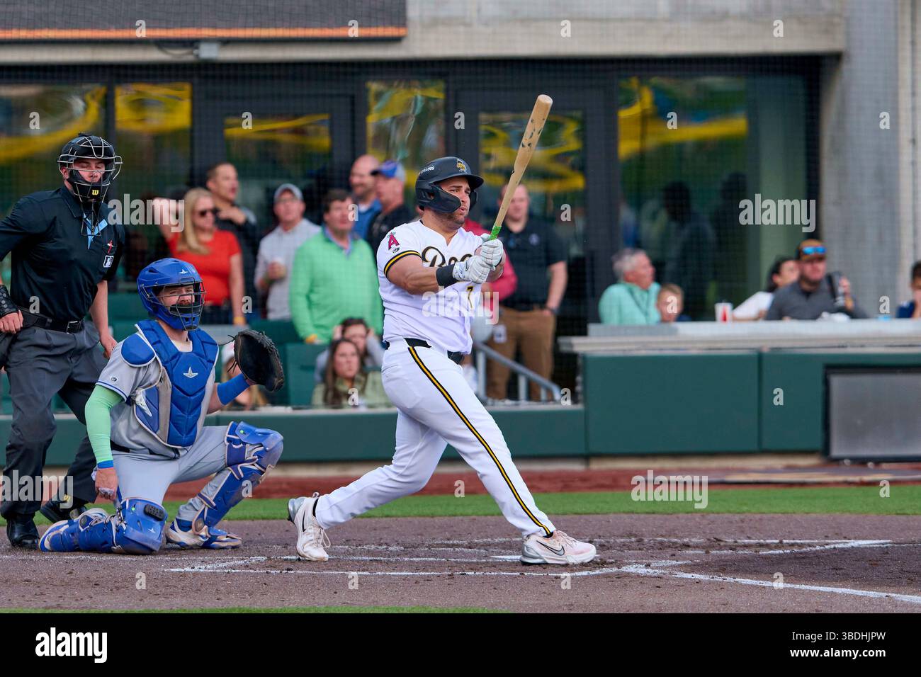 Niko Kavadas (7) of the Salt Lake Bees at bat against the Omaha Storm ...
