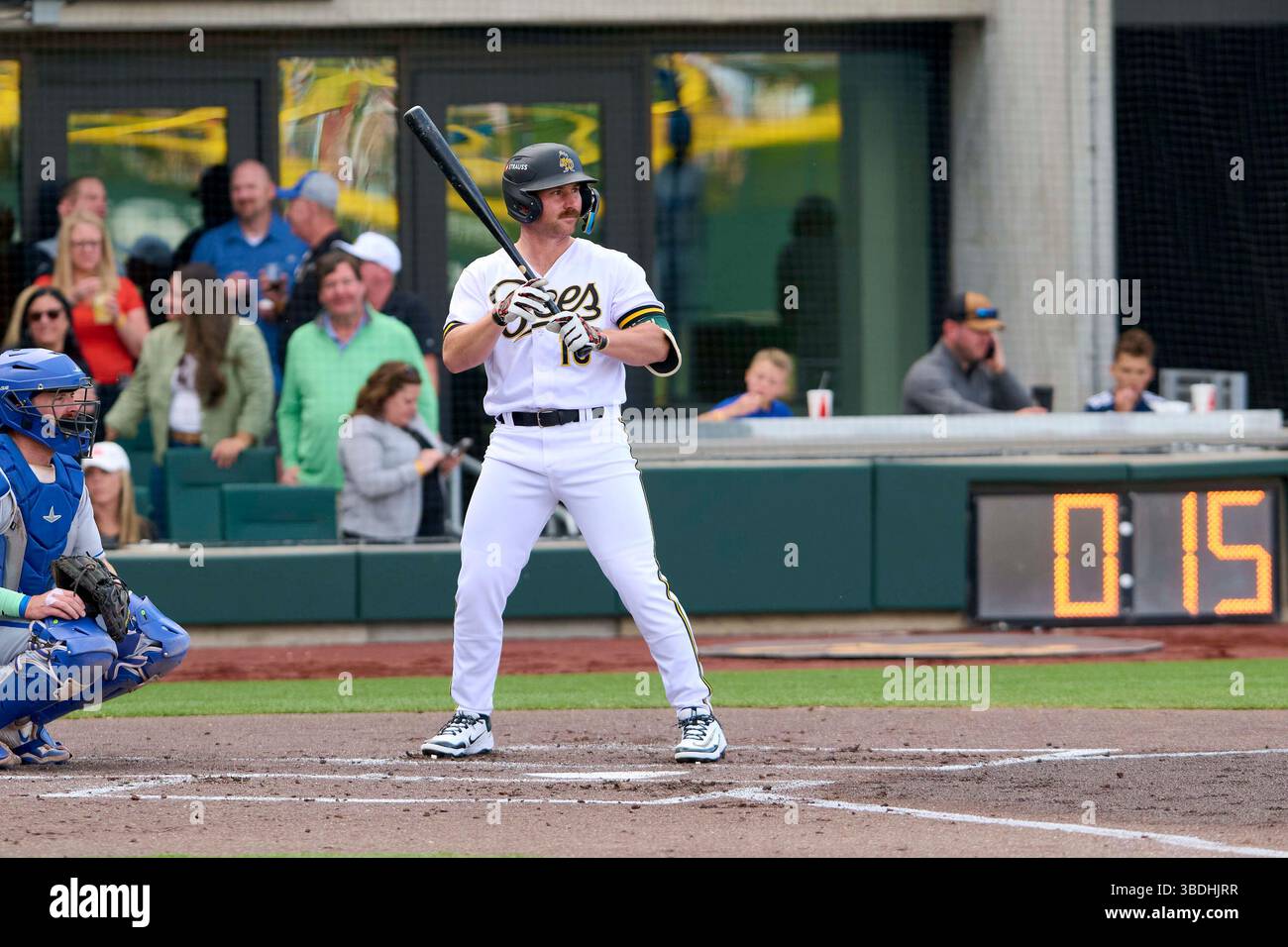 Zach Humphreys (16) of the Salt Lake Bees at bat against the Omaha ...