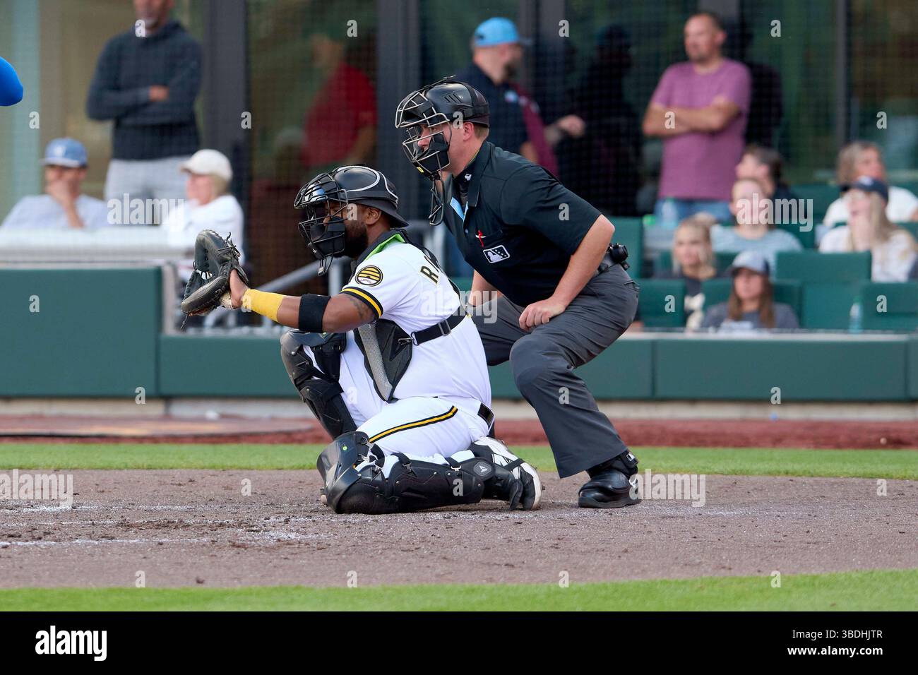 Chuckie Robinson (45) catcher of the Salt Lake Bees on defense against ...