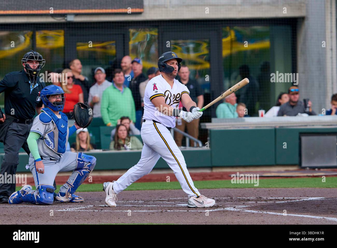 Niko Kavadas (7) of the Salt Lake Bees at bat against the Omaha Storm ...