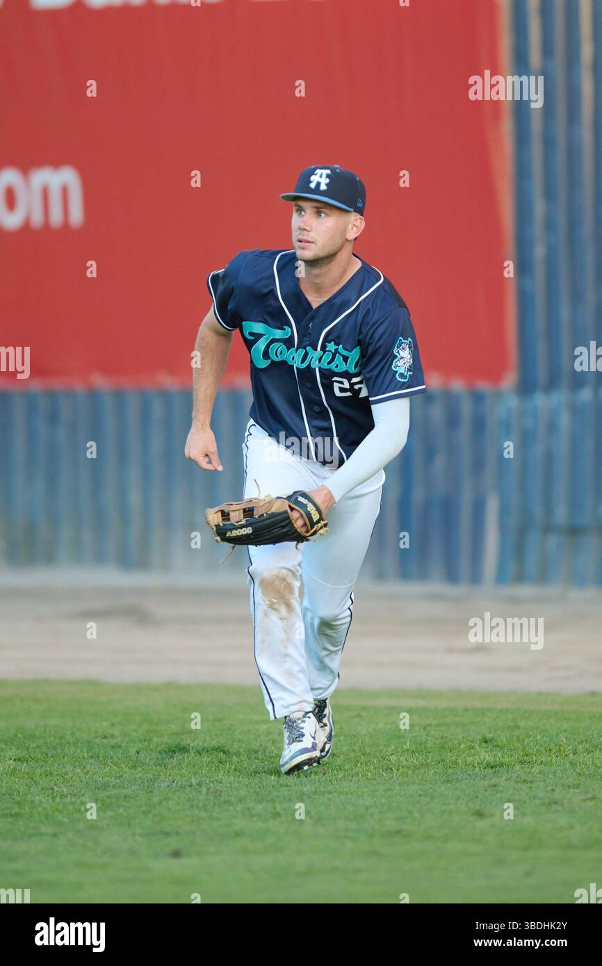 Asheville Tourists right fielder Tyler Whitaker (27) reacts to the ball during a game against ...