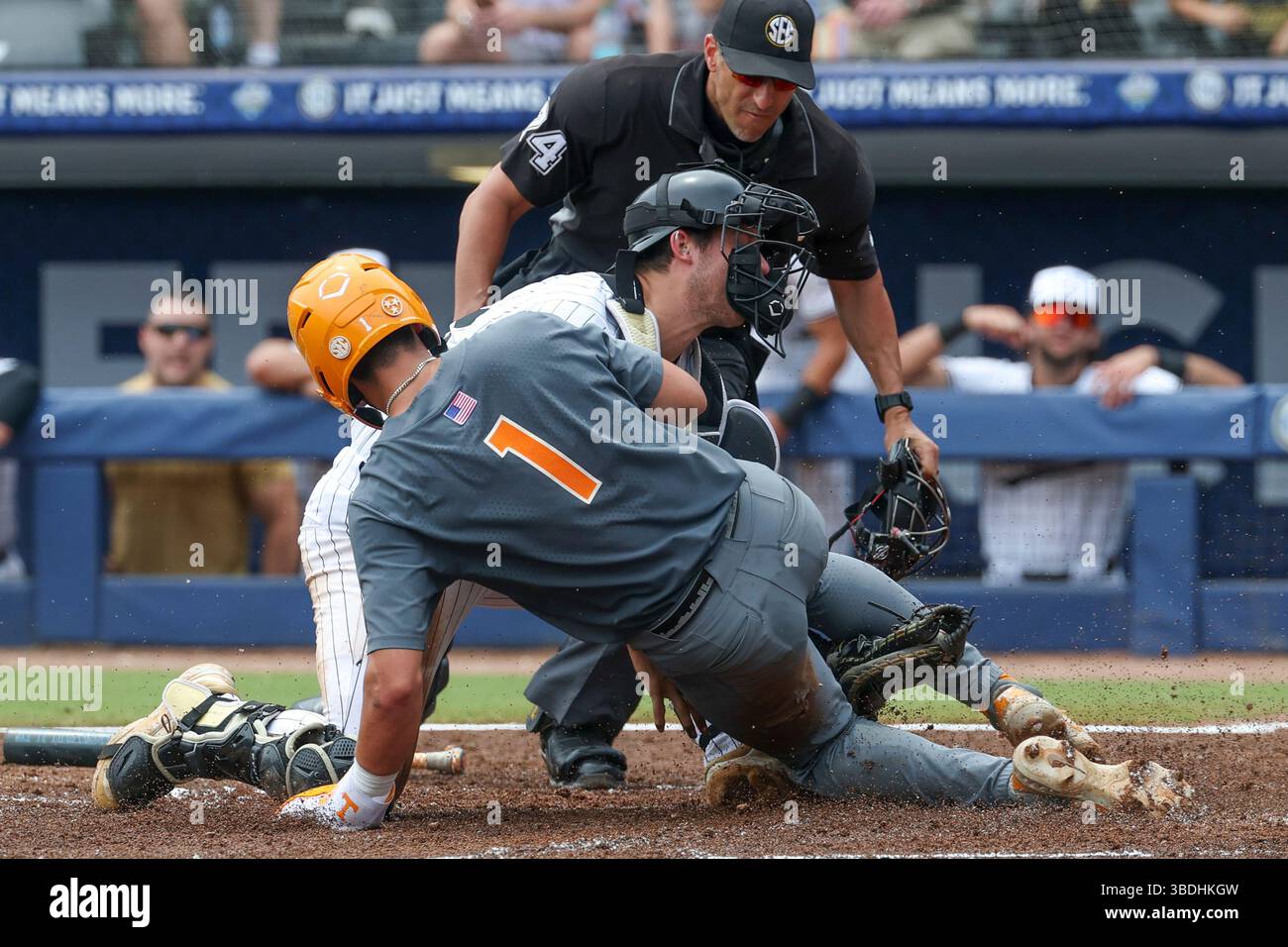 HOOVER, AL - MAY 24: Vanderbilt catcher Colin Barczi (44) tags ...