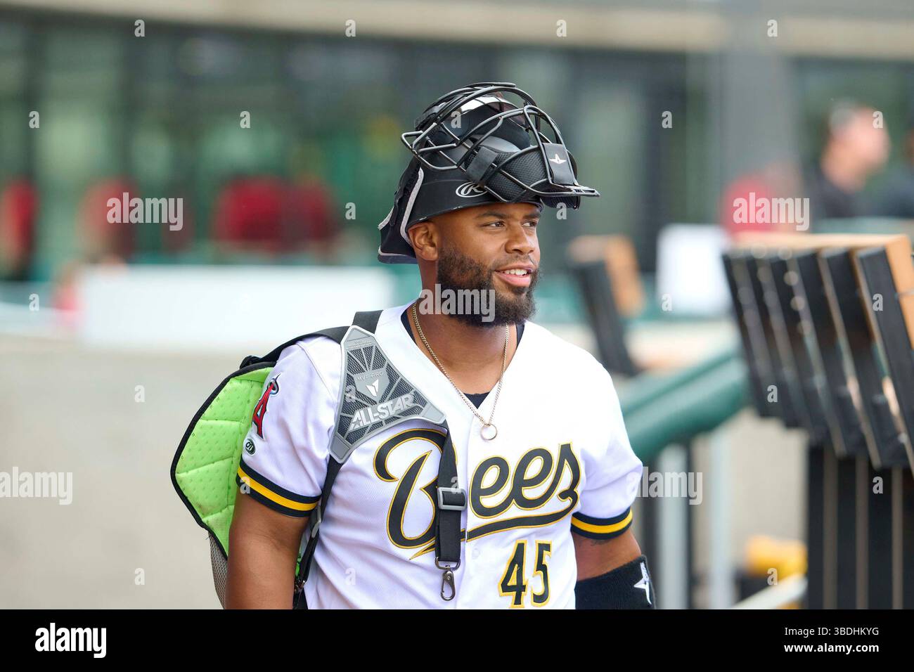 Chuckie Robinson (45) catcher of the Salt Lake Bees before the game ...
