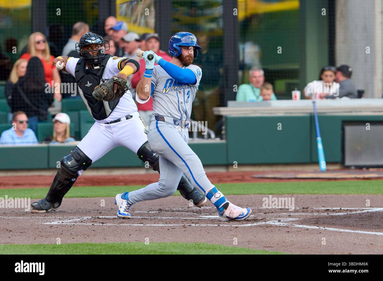 John Rave (2) of the Omaha Storm Chasers at bat against the Salt Lake ...