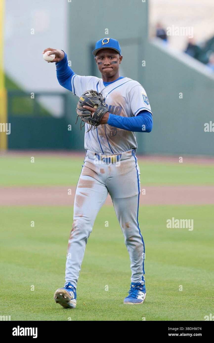 Tyler Tolbert (3) third baseman of the Omaha Storm Chasers on defense ...