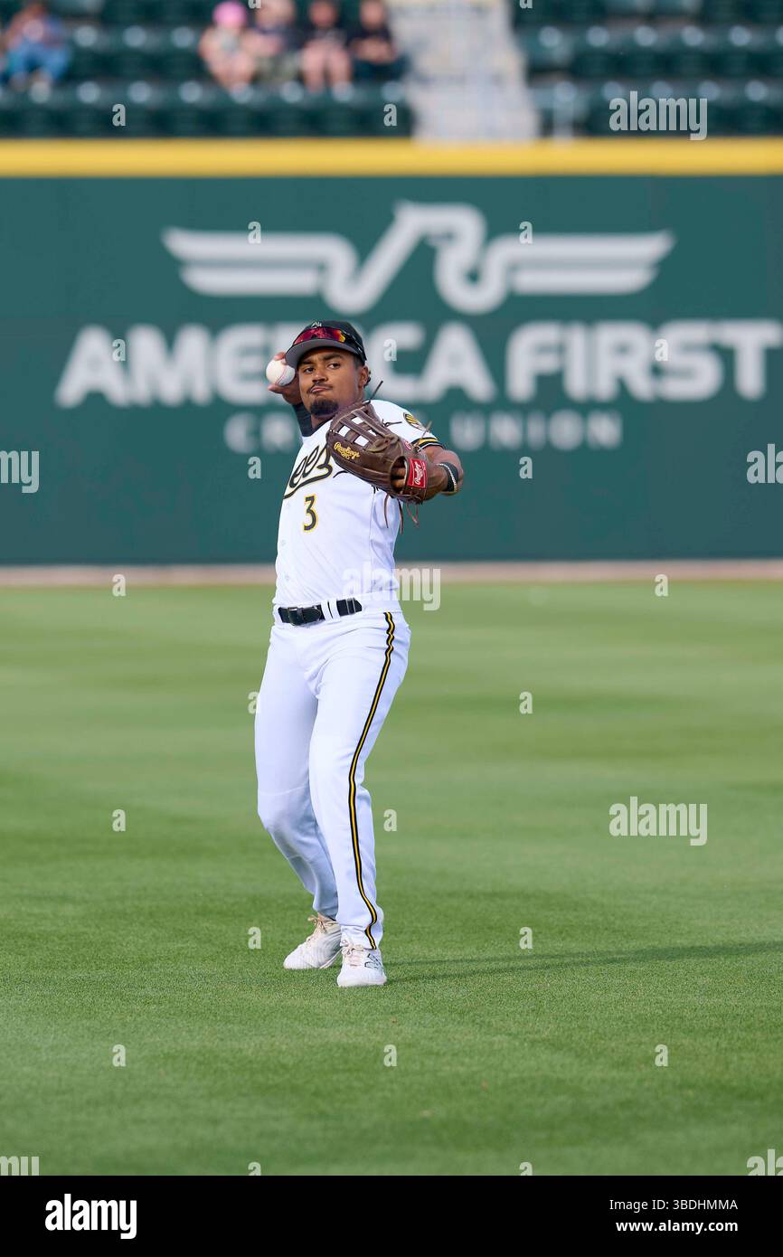Korey Holland (3) left fielder of the Salt Lake Bees throws before the ...