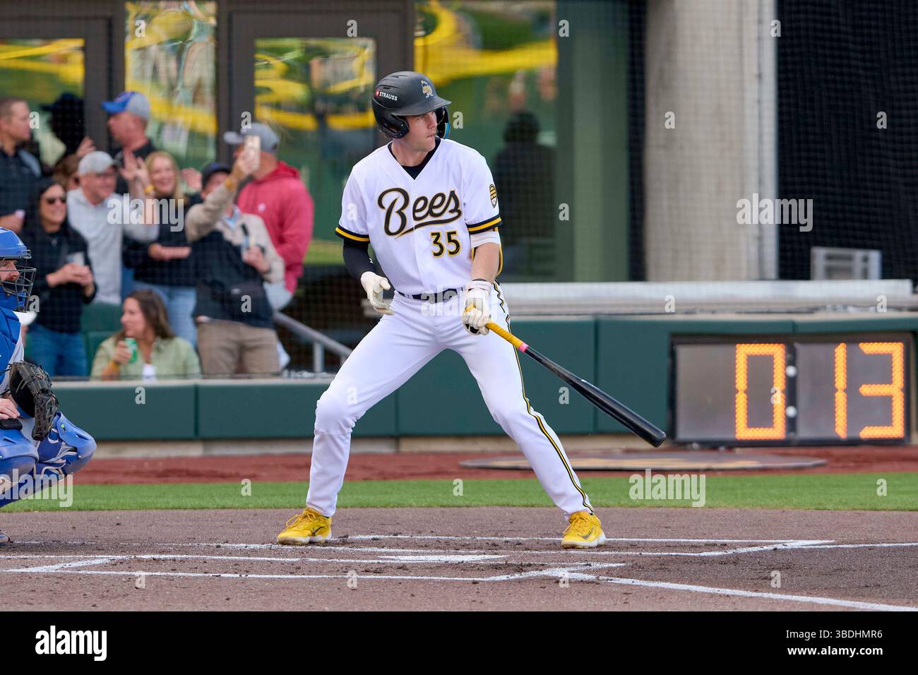 Chad Stevens (35) of the Salt Lake Bees at bat against the Omaha Storm ...