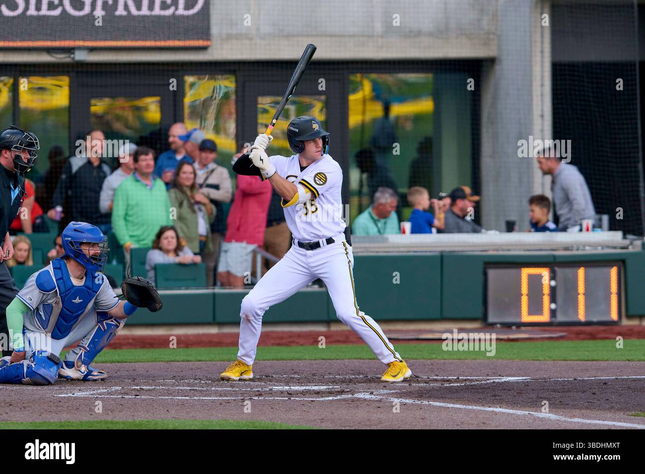 Chad Stevens (35) of the Salt Lake Bees at bat against the Omaha Storm ...
