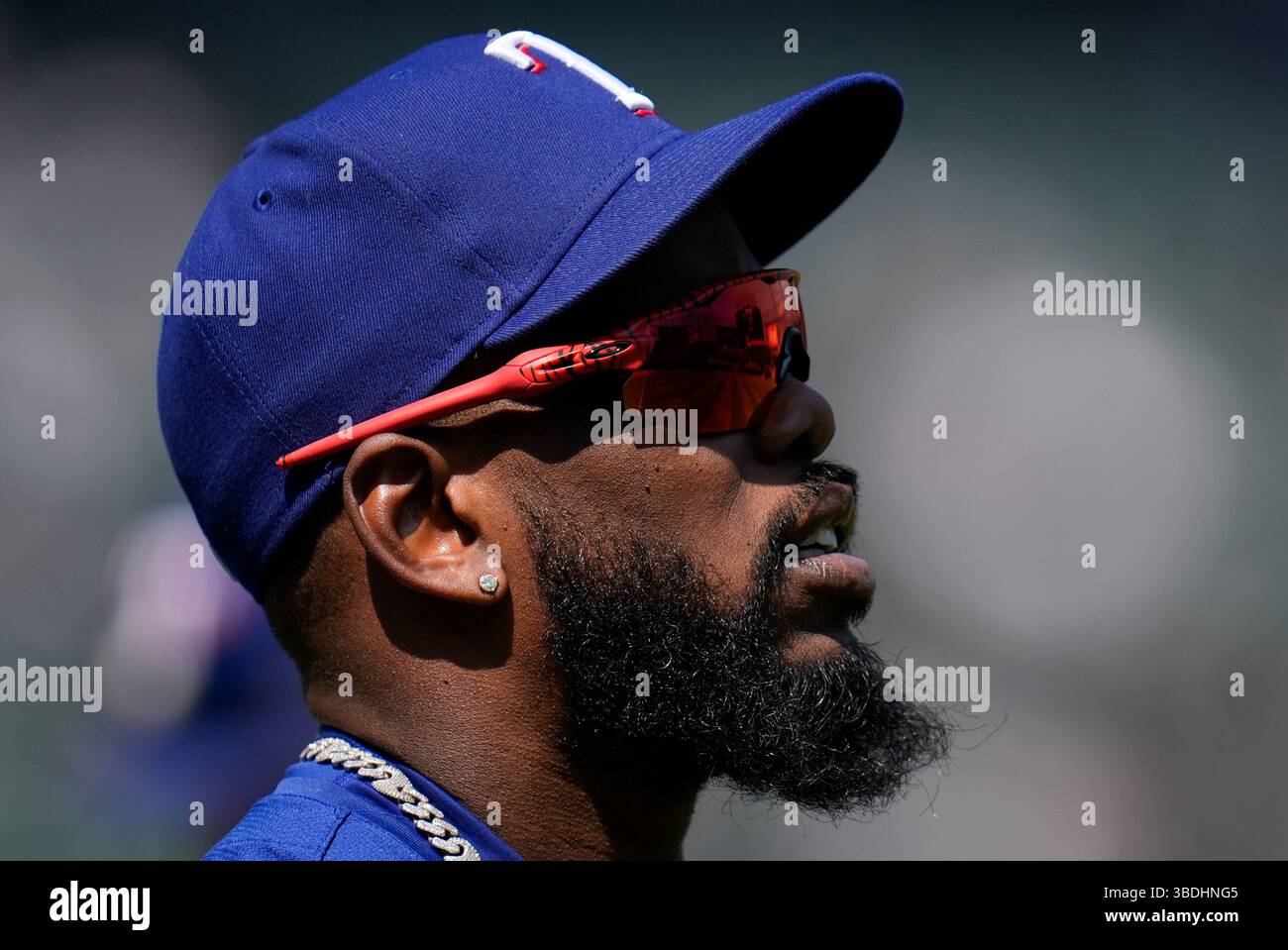 Texas Rangers' Adolis García (53) warms up before a baseball game ...