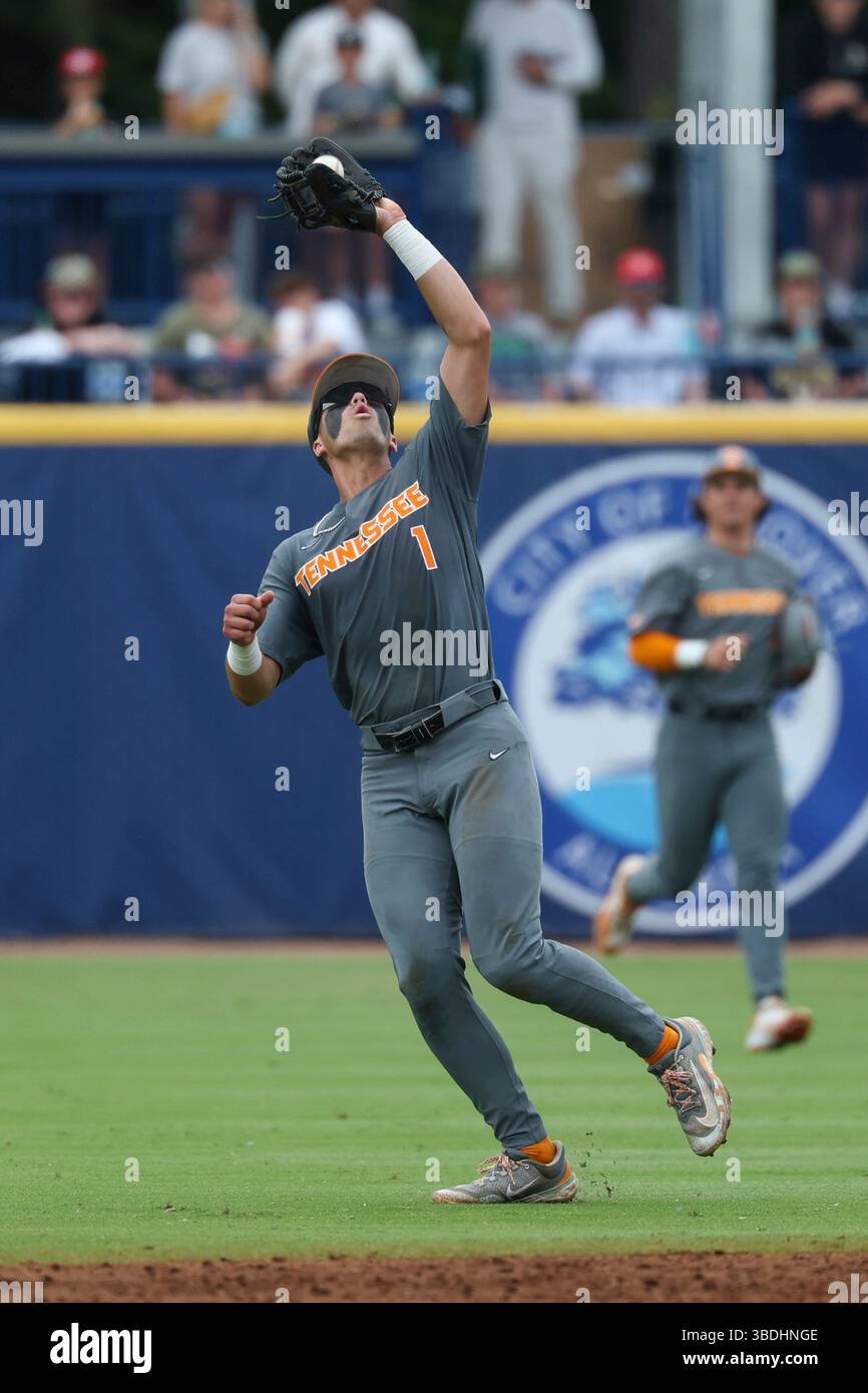 HOOVER, AL - MAY 24: Tennessee infielder Dean Curley (1) catches a fly ...