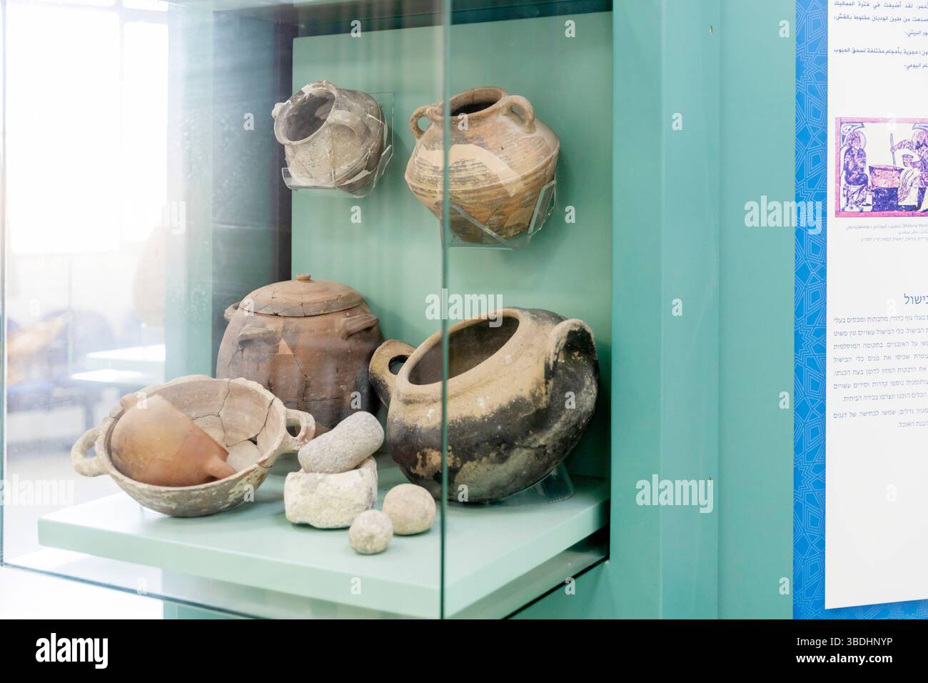 Baqa al-Gharbiya, Israel, 22 May 2025, Ancient ceramics exhibited in a ...