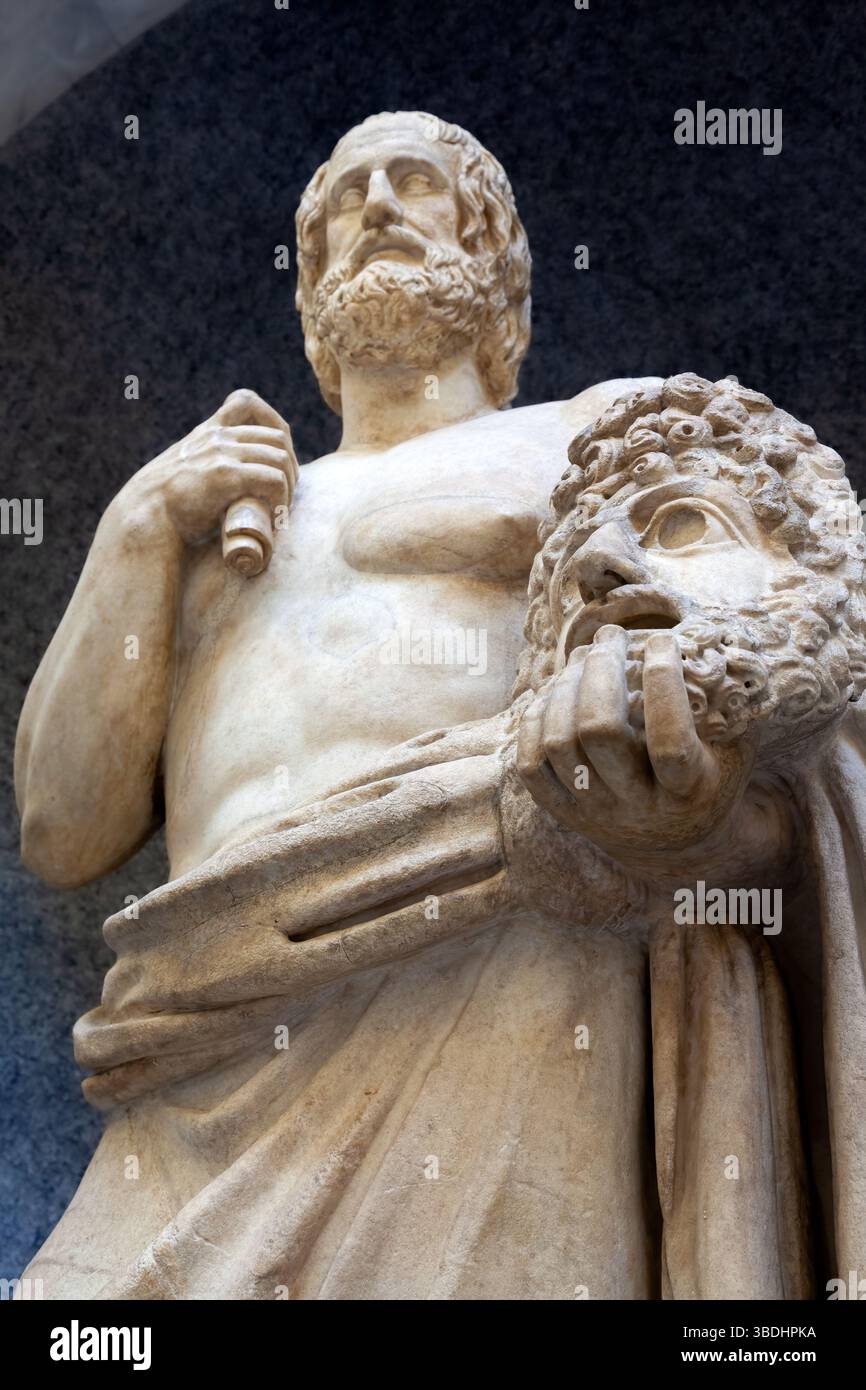 Marble statue of ancient Greek tragic poet Euripides holding a ...