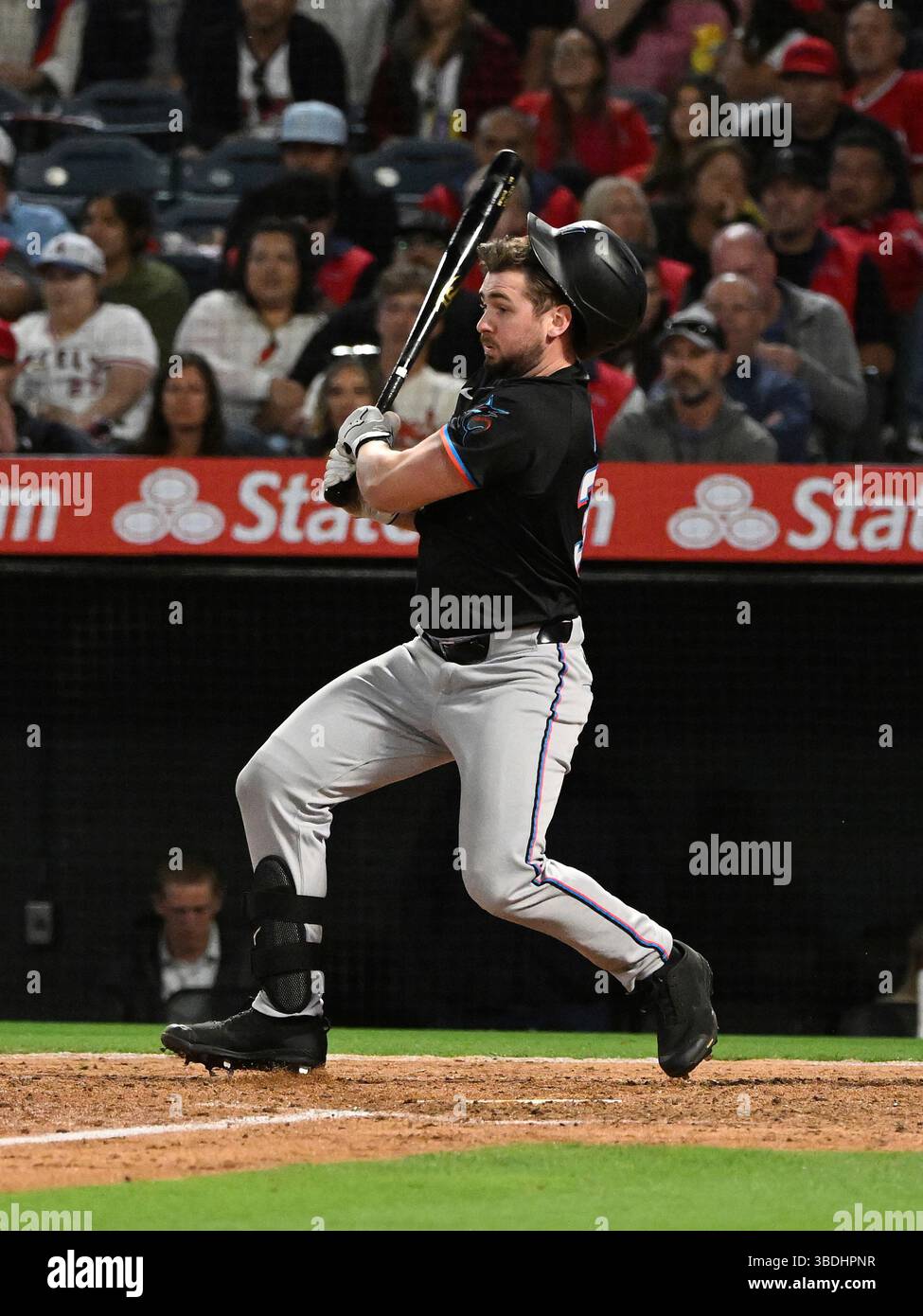 ANAHEIM, CA - MAY 23: Miami Marlins catcher Liam Hicks (34) during an ...