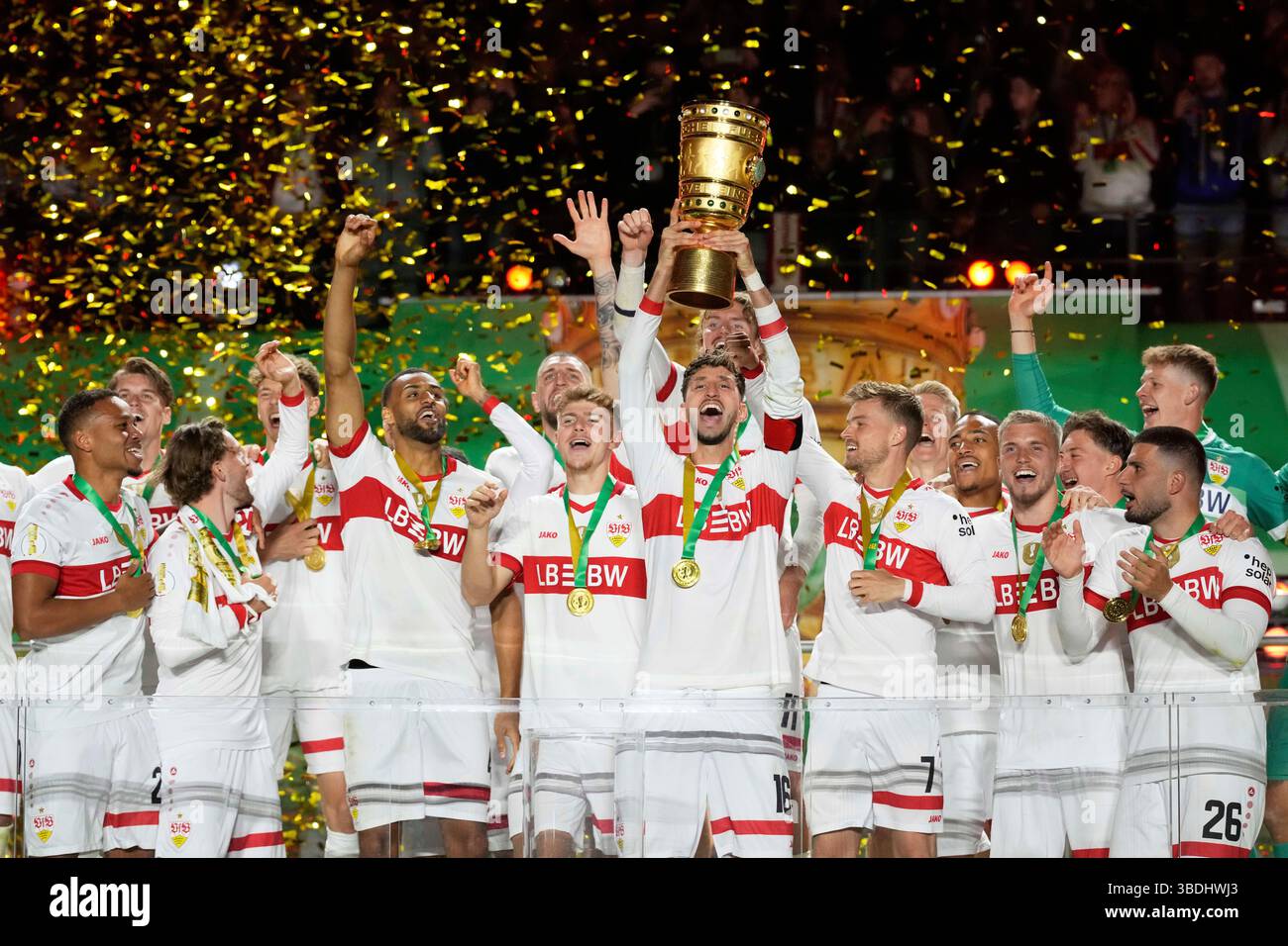 VfB Stuttgart players celebrate after winning the trophy in the German ...