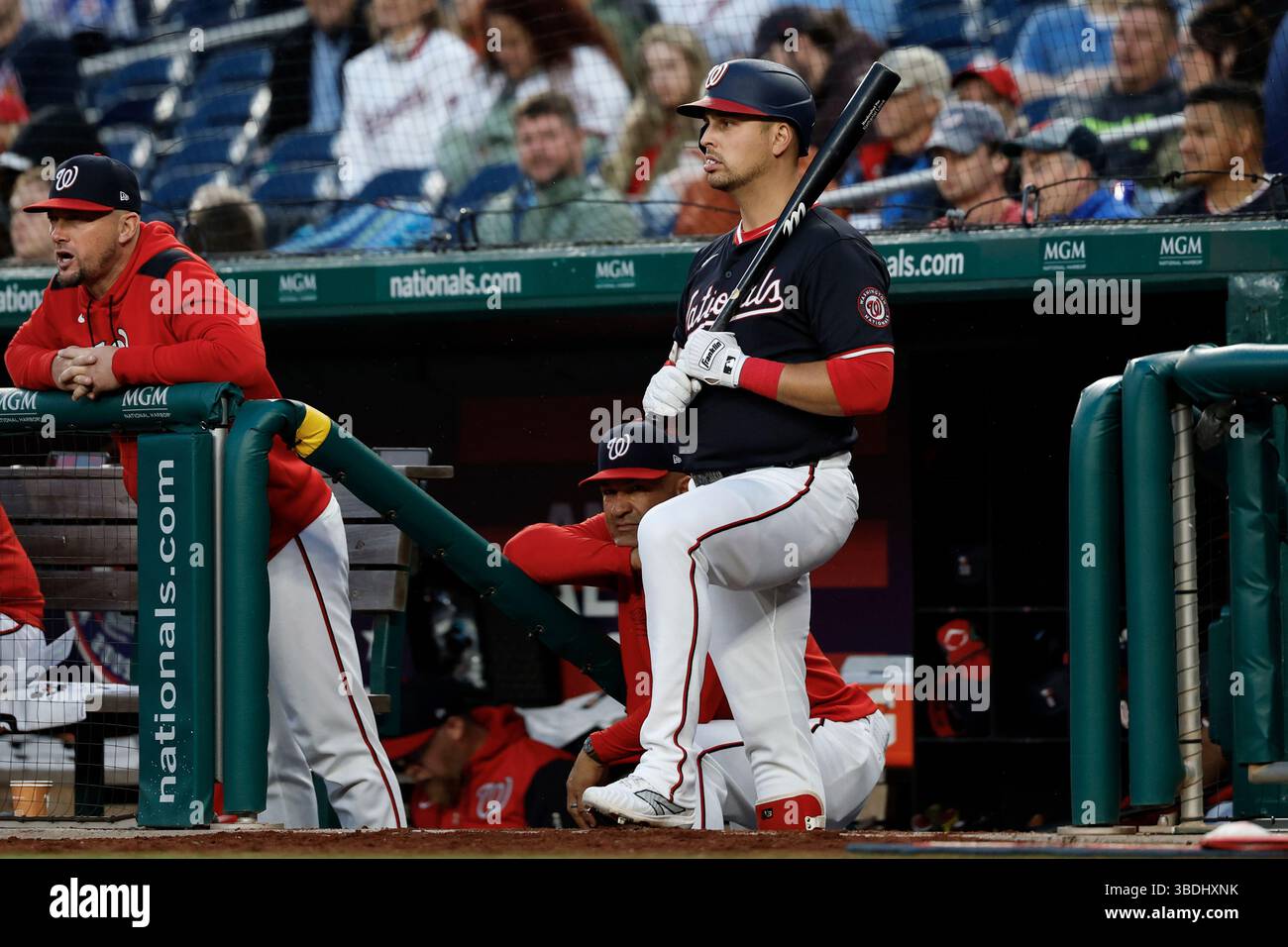 Washington Nationals' Nathaniel Lowe looks on from the dugout during ...