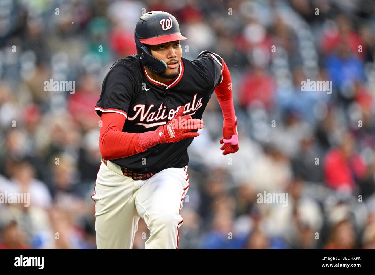 Washington Nationals' James Wood runs after hitting a three run double ...