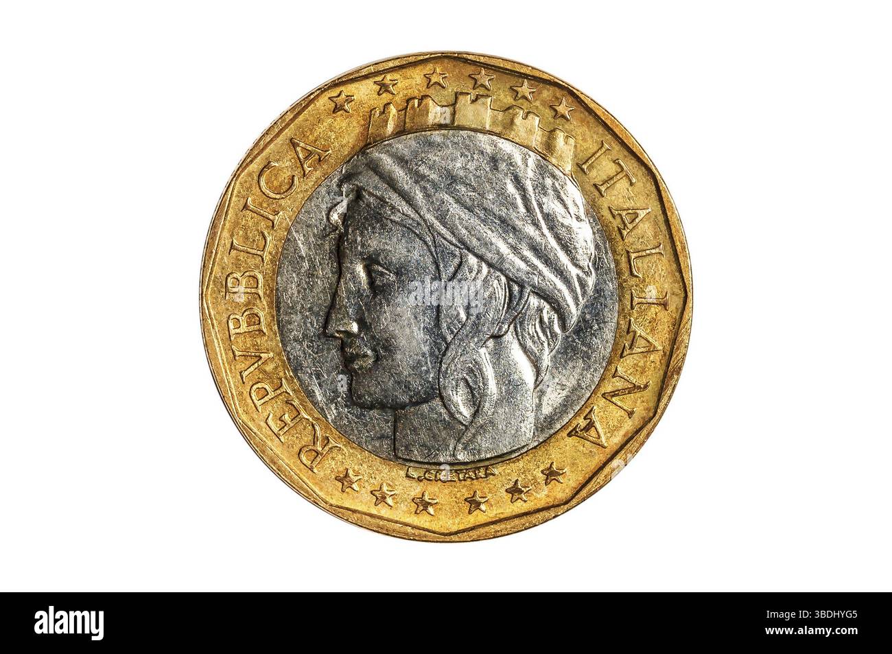 1000 Italian lire coin close-up from 1990s Italy, head side with Italia ...