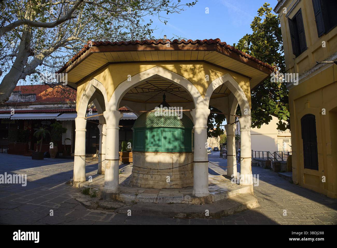 Round pavilion with green dome in a shady area, Rhodes Old Town, Rhodes ...