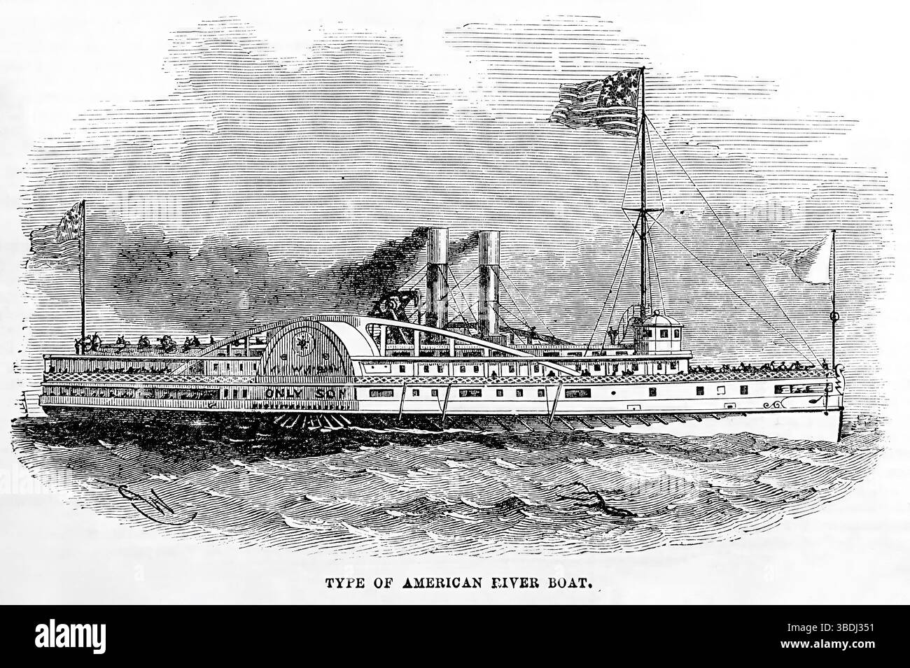 Steam powered American river boat (1878). 19th century illustration ...