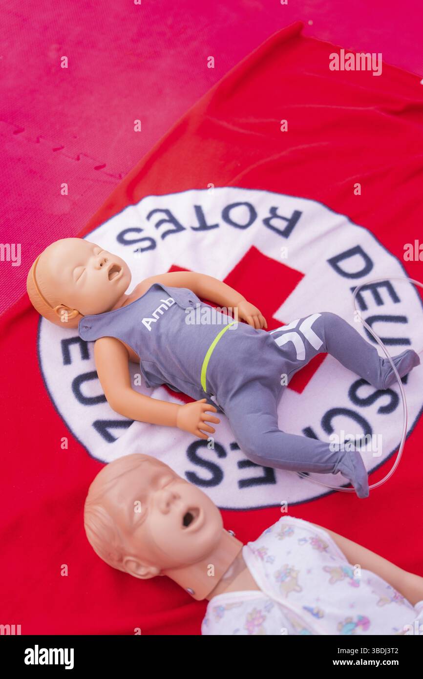 Two dolls on fabric with Red Cross logo, part of a medical exercise ...