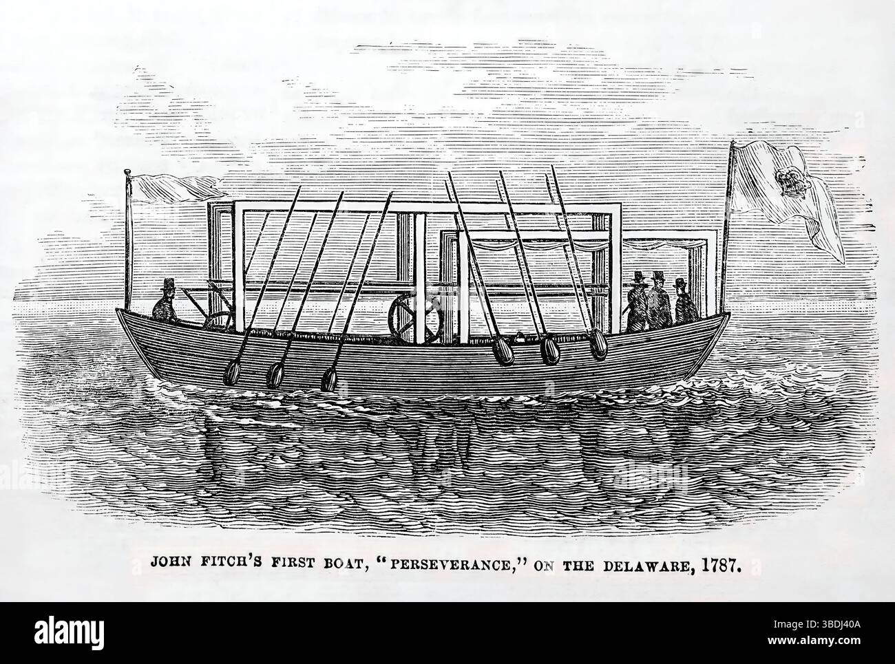 John Fitch's first steamboat, Perseverance, on the Delaware River, 1787 ...