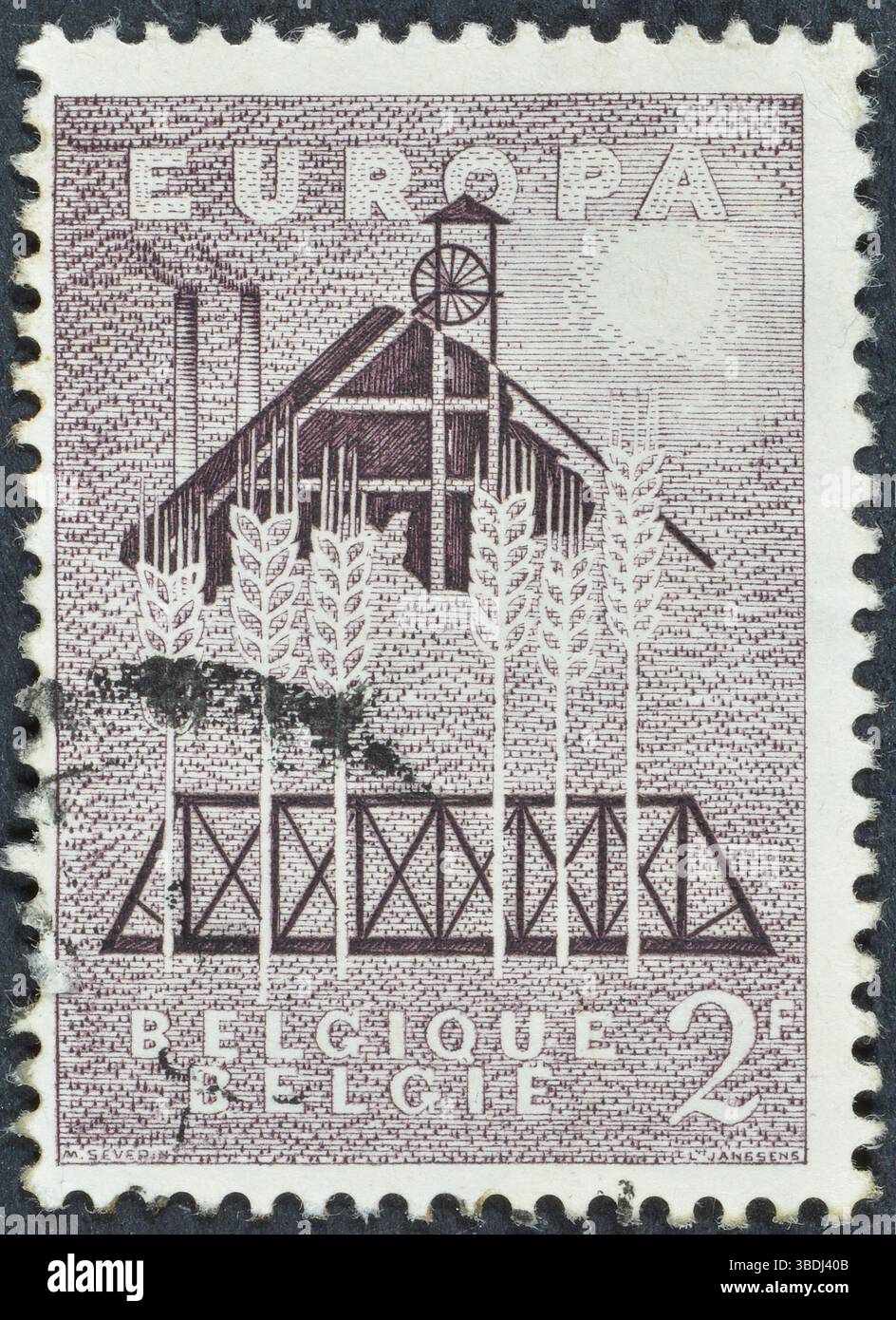 Cancelled postage stamp printed by Belgium, that shows Six Ears of ...