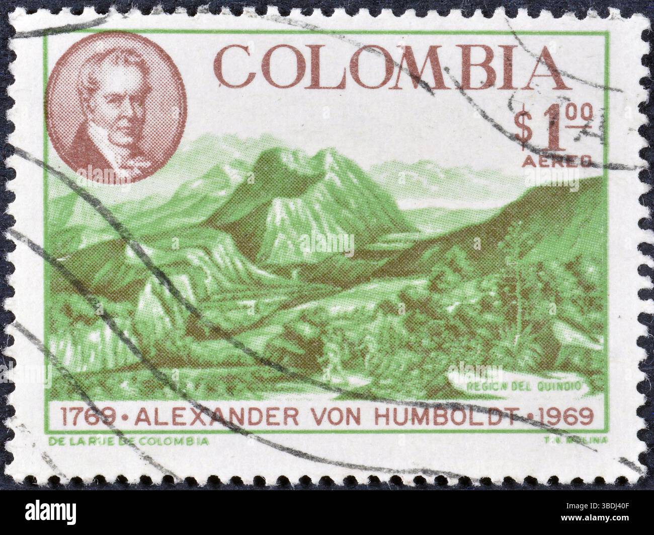 Cancelled postage stamp printed by Colombia, that shows Humboldt and ...