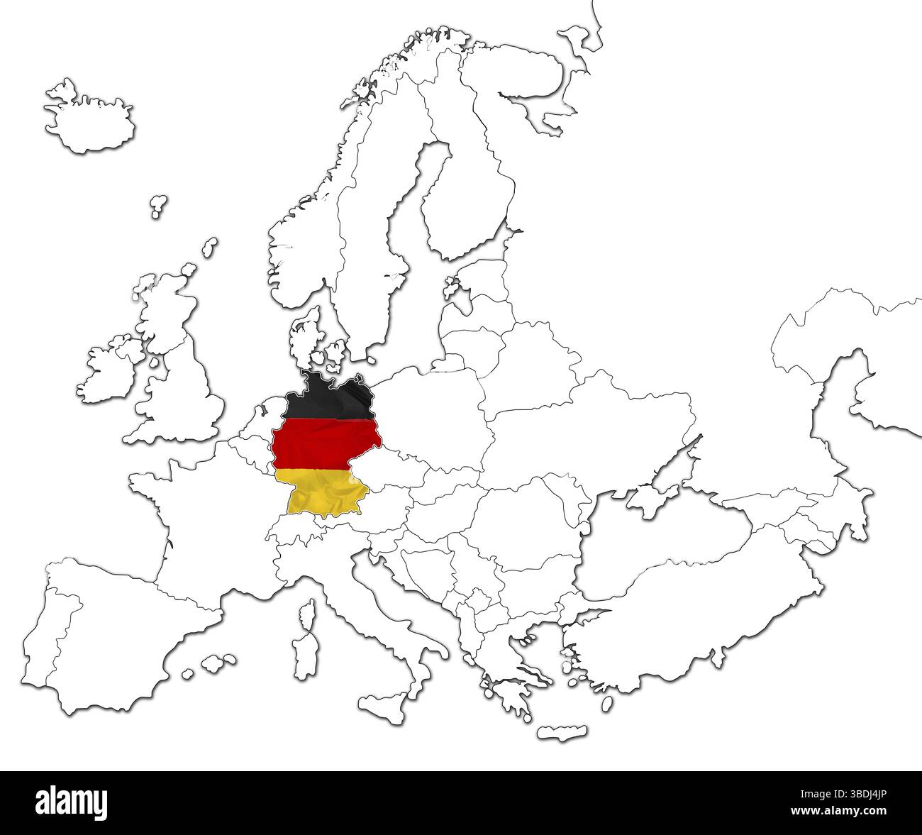The national Germany flag in the map of Europe isolated on white ...