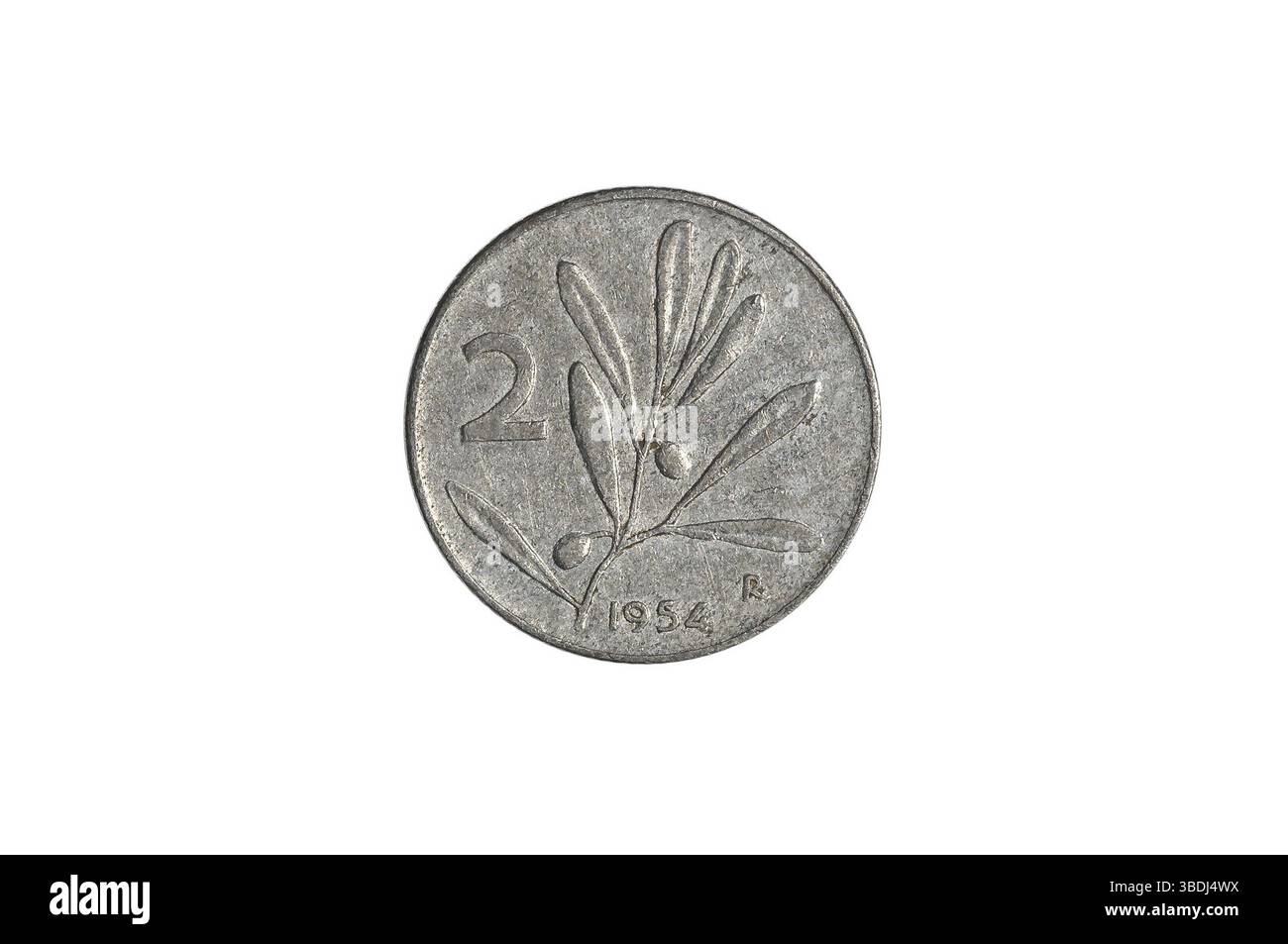 Two Italian lira coin close-up from 1950s Italy, tail side. Isolated on ...