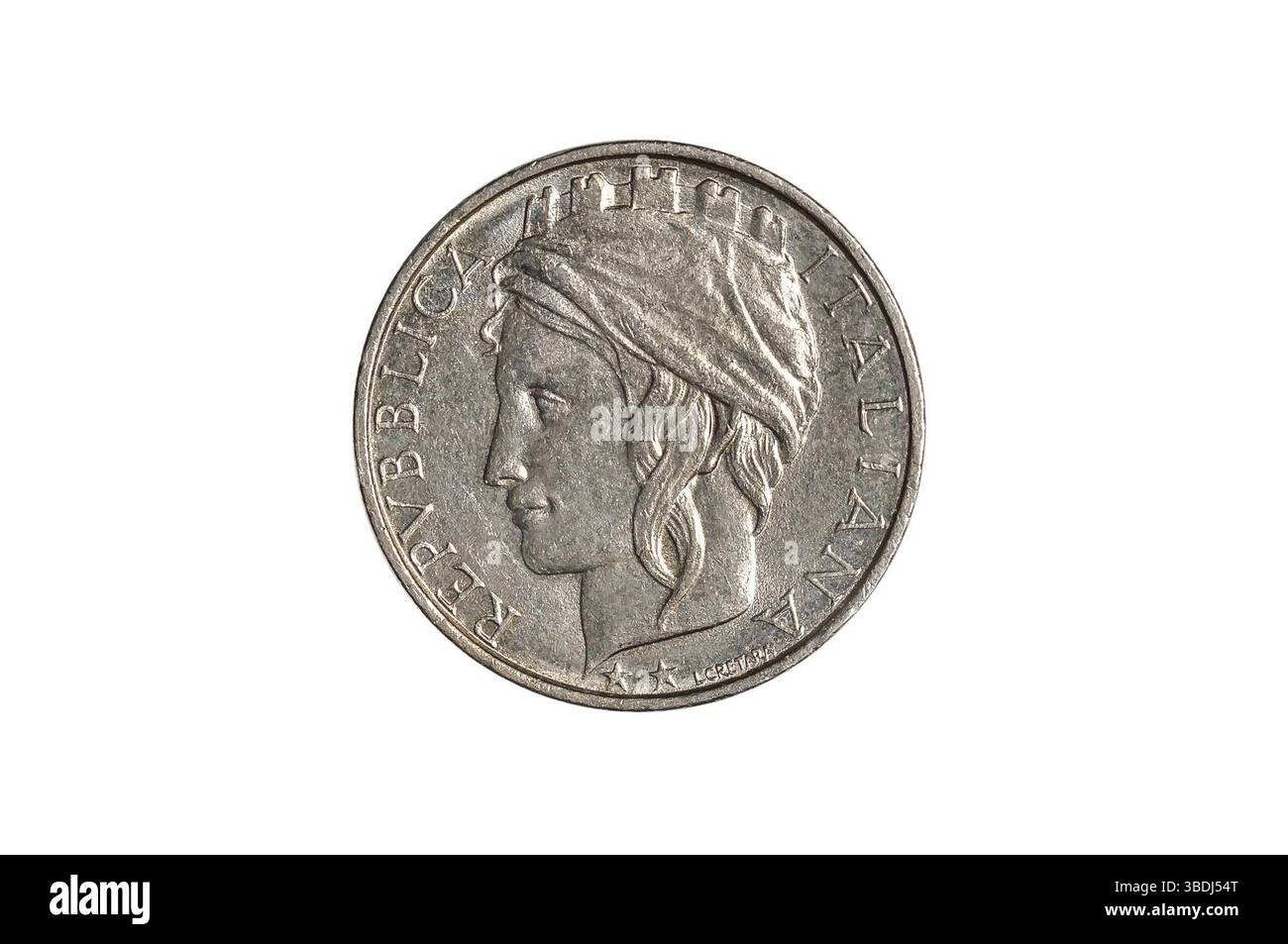 100 Italian lire coin close-up from 1990s Italy, head side with Italia ...