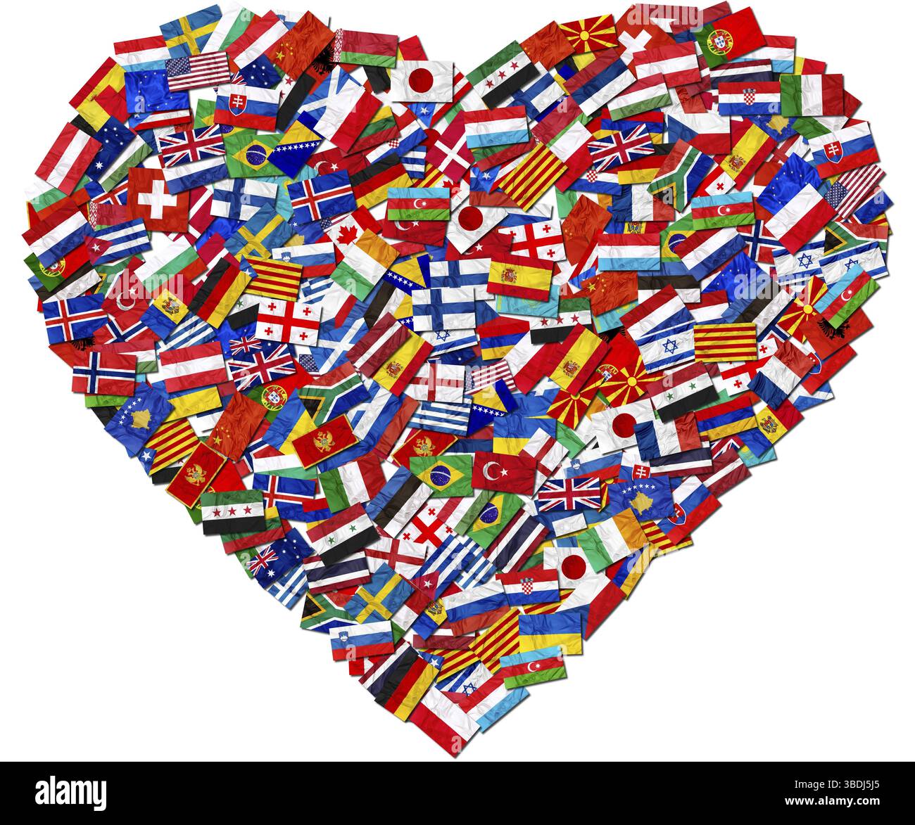 Flags of world countries and in heart love shape on white background: England Russia Italy Spain ...