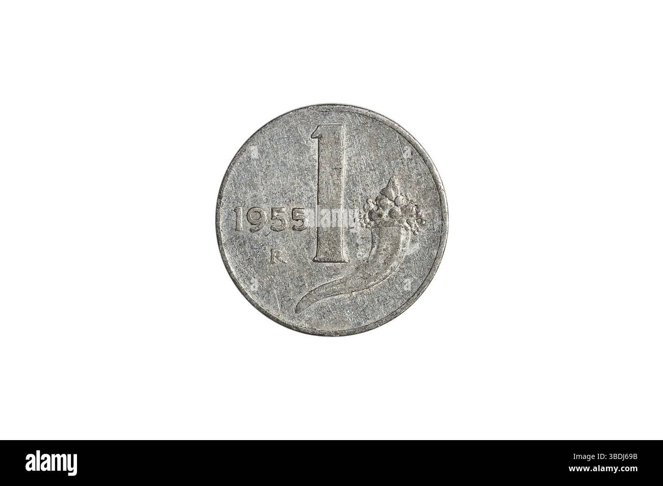 One Italian lira coin close-up from 1950s Italy, tail side. Isolated on ...