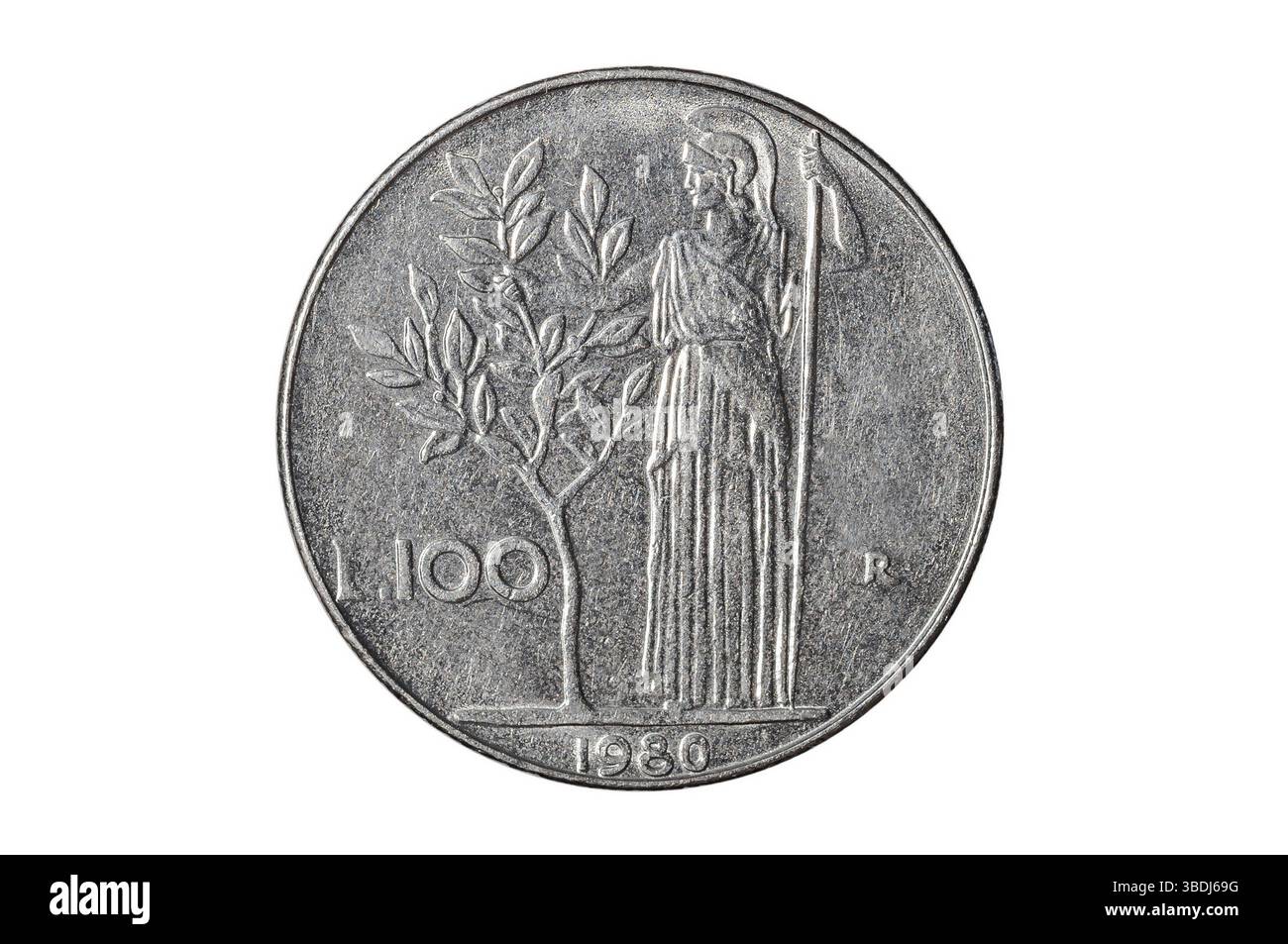 Hundred Italian lira coin close-up from 1980s Italy. Tail side with ...