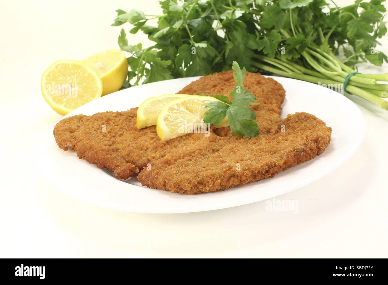 Fried Wiener schnitzel with lemon slices and parsley Stock Photo - Alamy