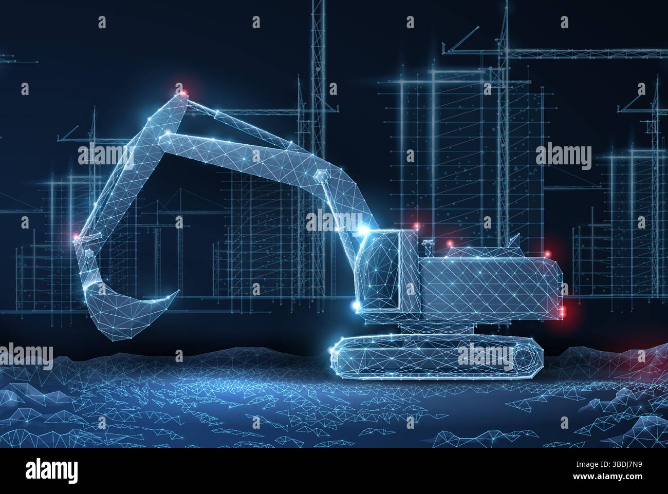 Digital construction site sketch with excavator. Building 3D Printing ...