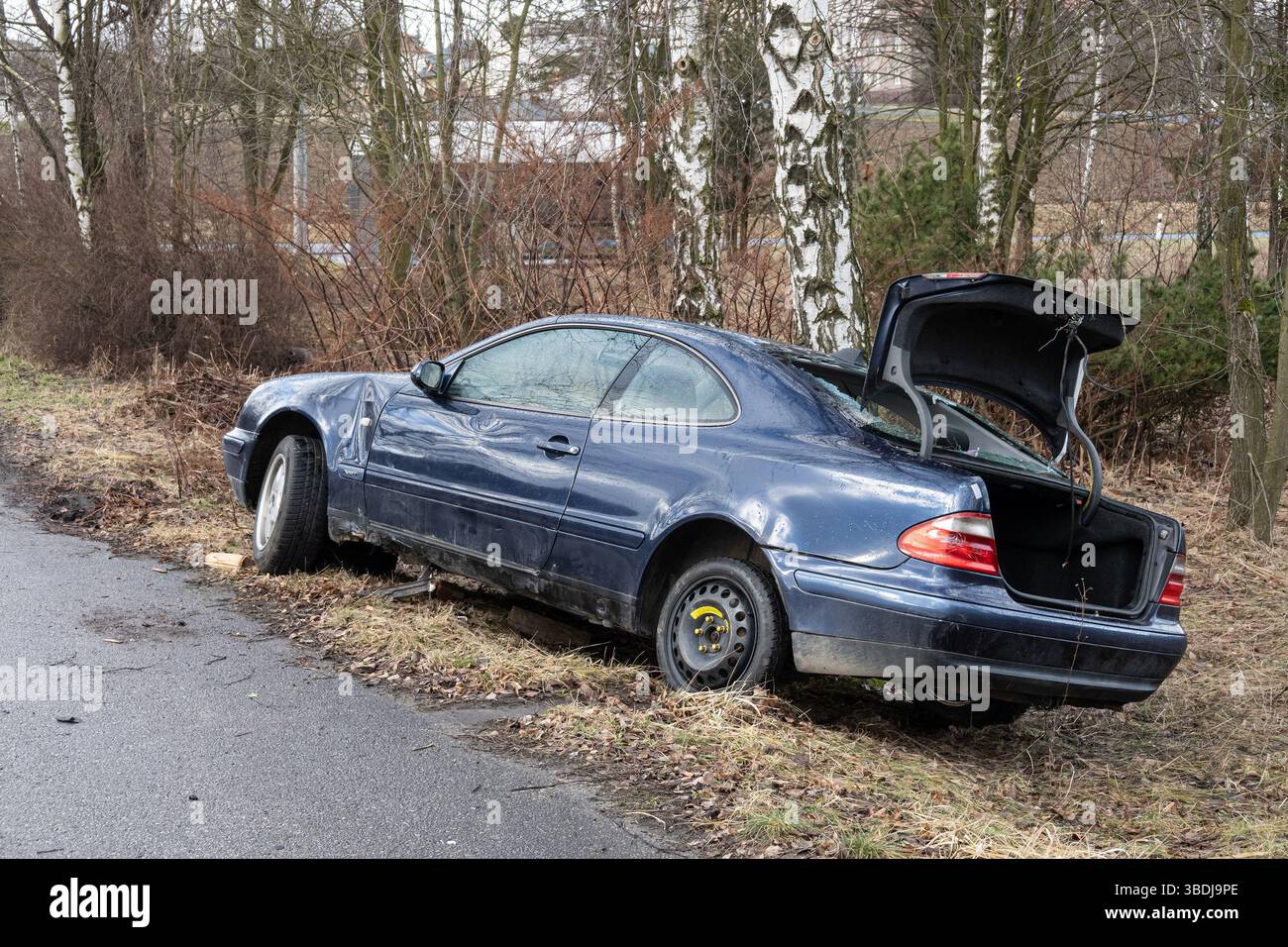 PETRVALD, CZECHIA - JANUARY 26, 2024: Wreck of Mercedes-Benz CLK Coupe ...