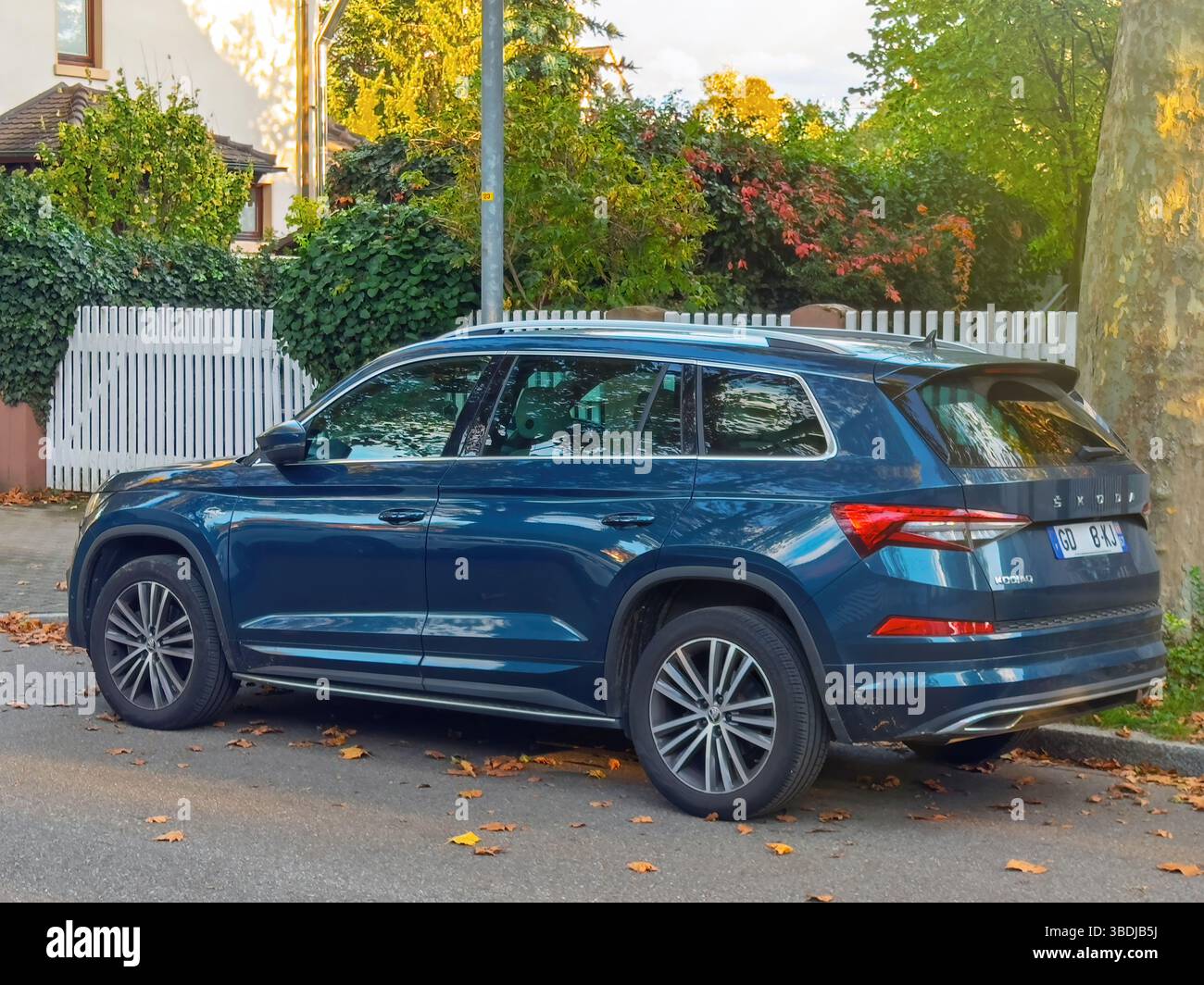 Paris, France - Nov 24, 2023: Blue Skoda Kodiaq SUV parked on a quiet ...