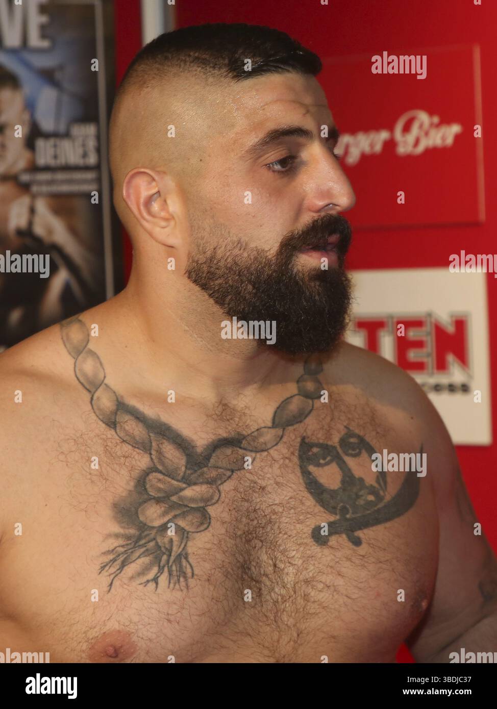 Umut Camkiran (heavyweight Saulgau Istanbul, Turkey) at the official weigh-in in front of the ...