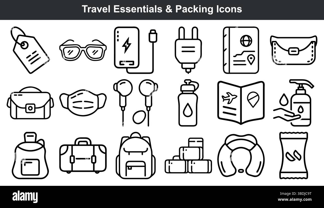 Travel essentials packing icons line art graphics Stock Vector Image ...