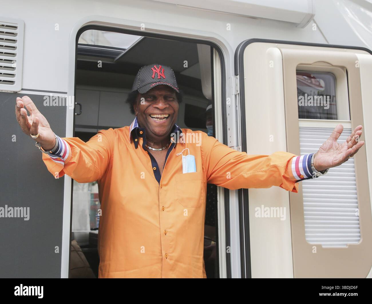 German pop singer Roberto Blanco visiting Magdeburg in his caravan ...