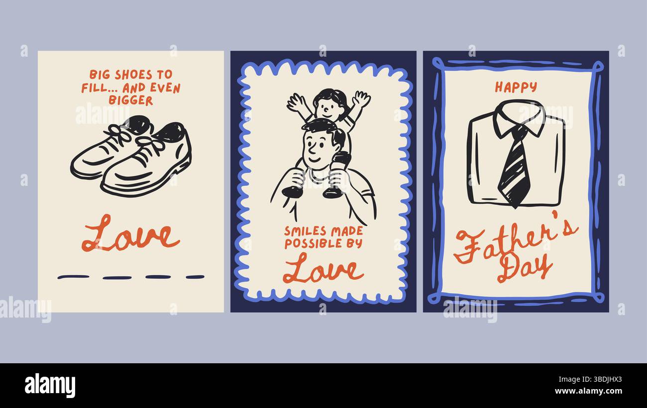 Happy Fathers Day Dad Greeting Doodle Sketch Vintage Card Set - Hand ...