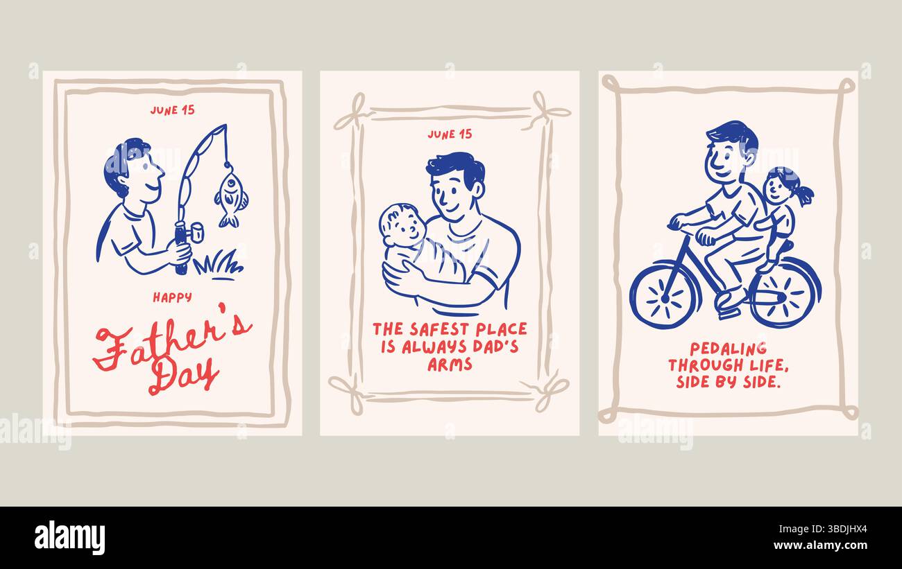 Happy Fathers Day Dad Greeting Doodle Vintage Sketch Card Set. Holiday ...