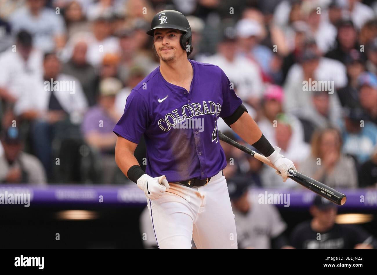 Colorado Rockies' Michael Toglia reacts after striking out against New ...